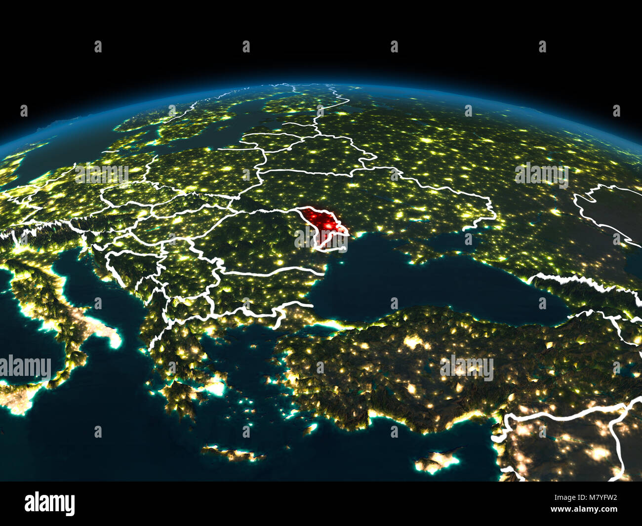 Space orbit view of Moldova highlighted in red on planet Earth at night with visible country ...