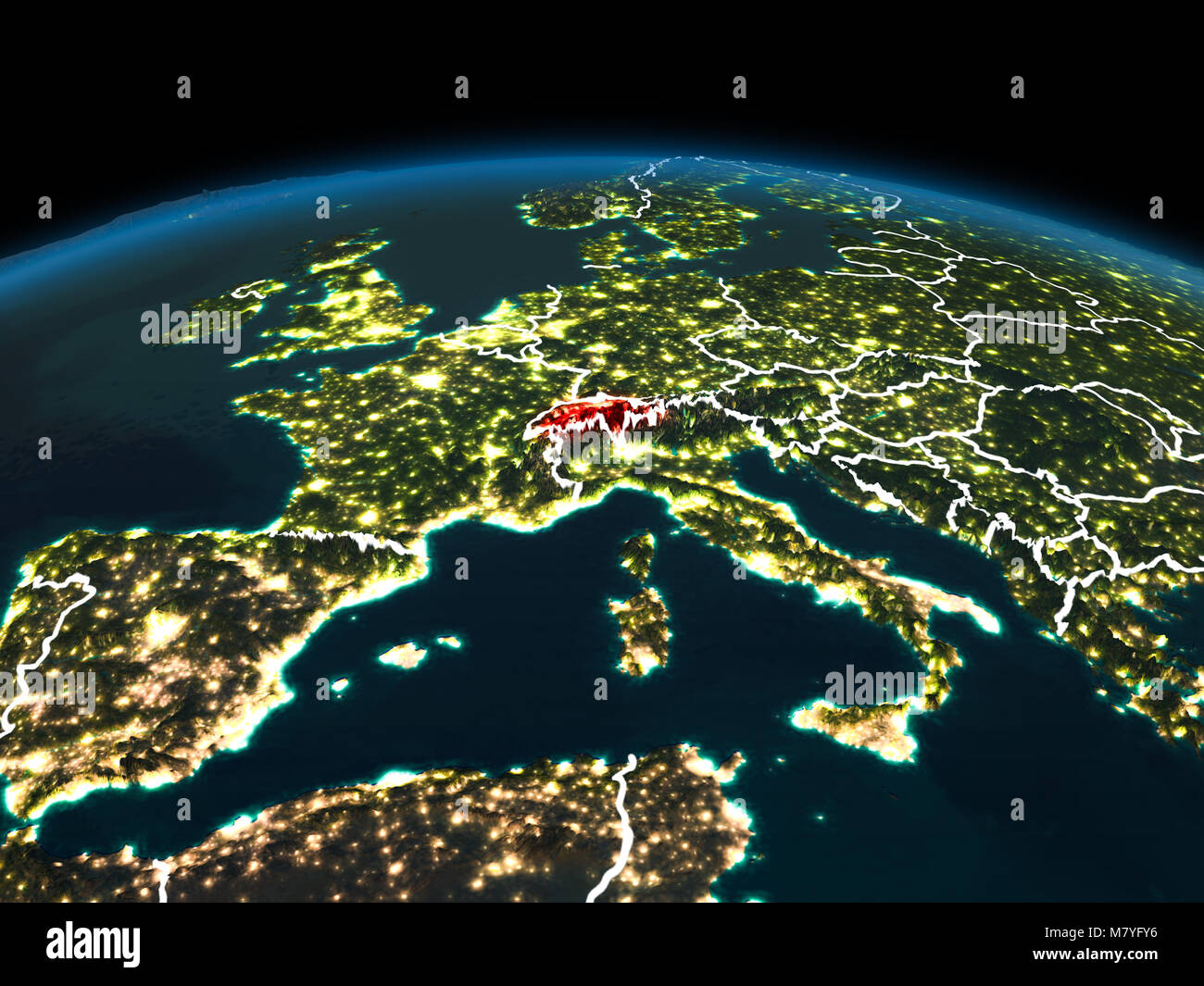 Space orbit view of Switzerland highlighted in red on planet Earth at night with visible country ...