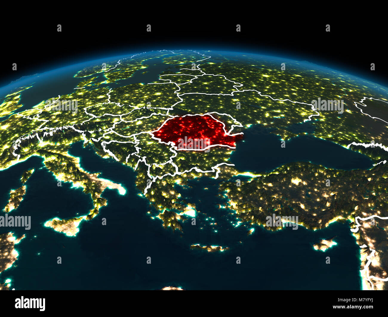Space orbit view of Romania highlighted in red on planet Earth at night with visible country ...