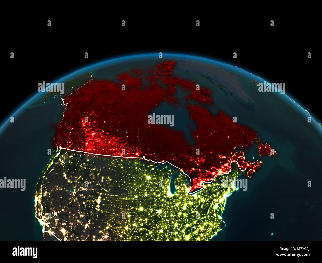 Space orbit view of Canada highlighted in red on planet Earth at night ...
