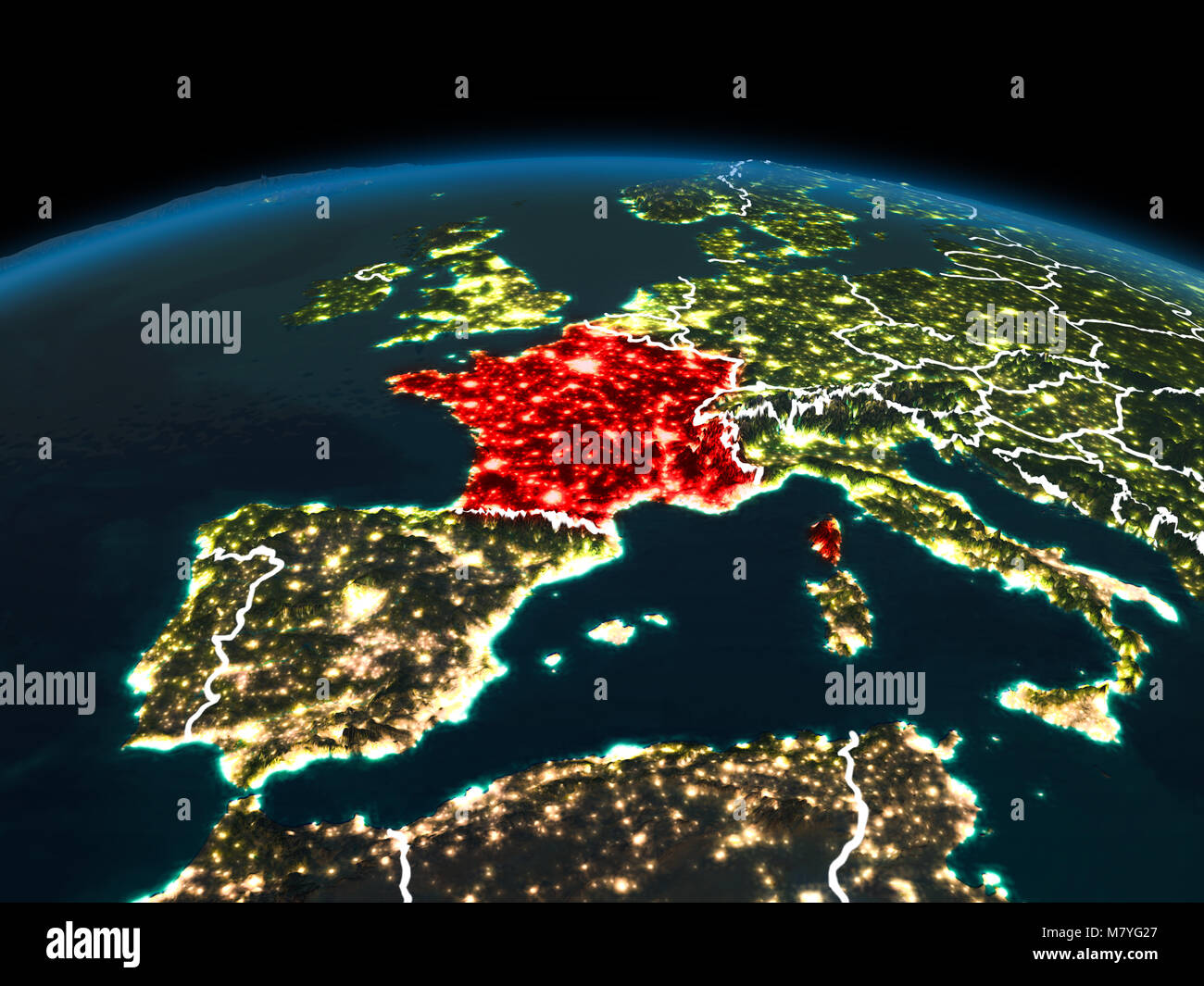 Space orbit view of France highlighted in red on planet Earth at night with visible country ...