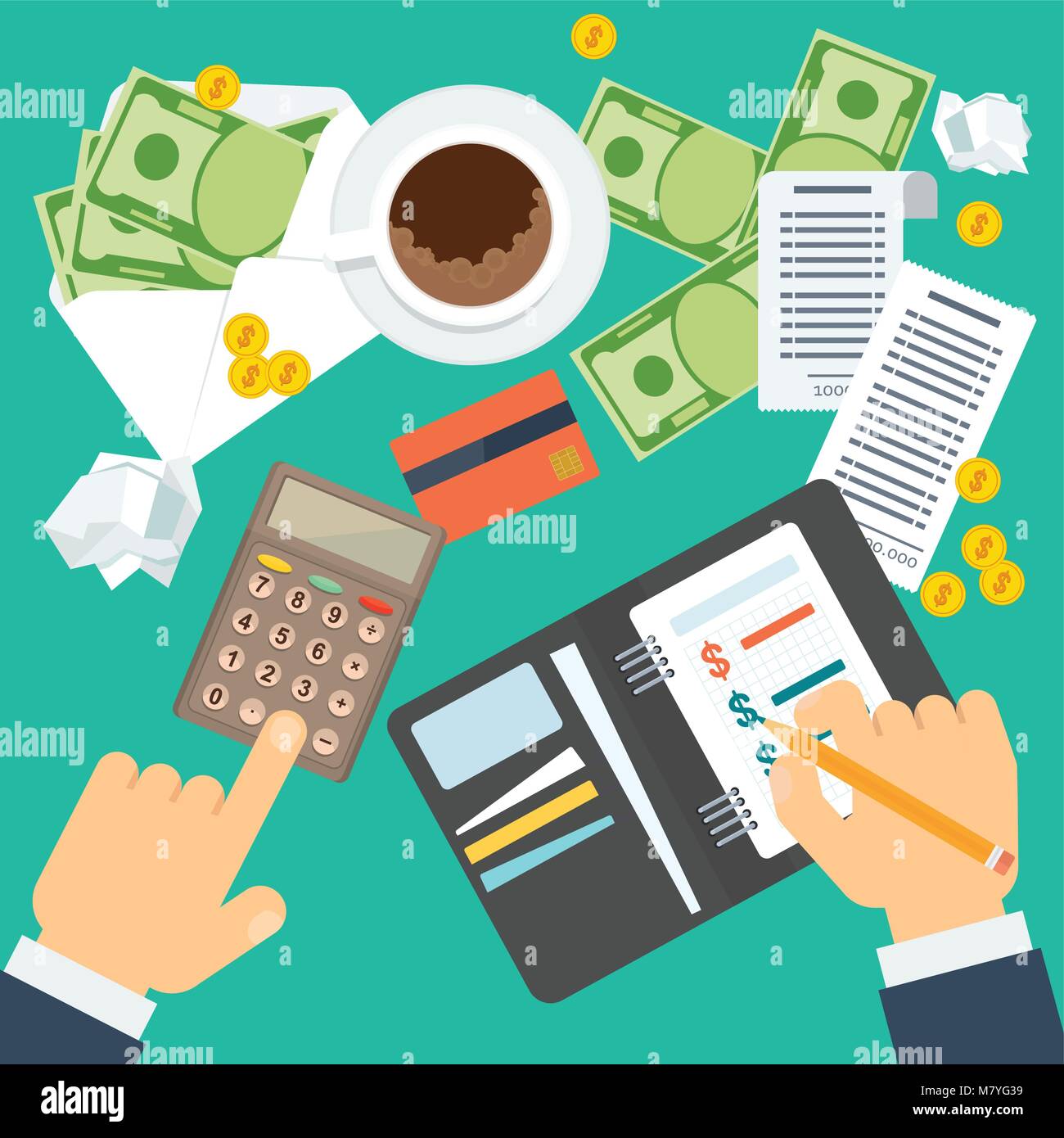 Payment of bills flat vector illustration. Money on table Stock Vector ...