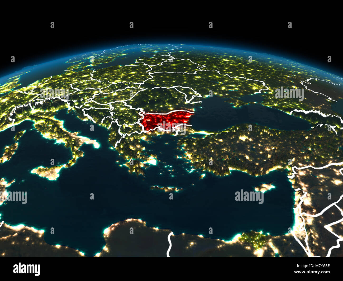 Space orbit view of Bulgaria highlighted in red on planet Earth at night with visible country ...