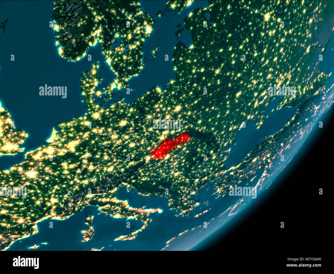Night view of Slovakia highlighted in red on planet Earth with atmosphere. 3D illustration ...