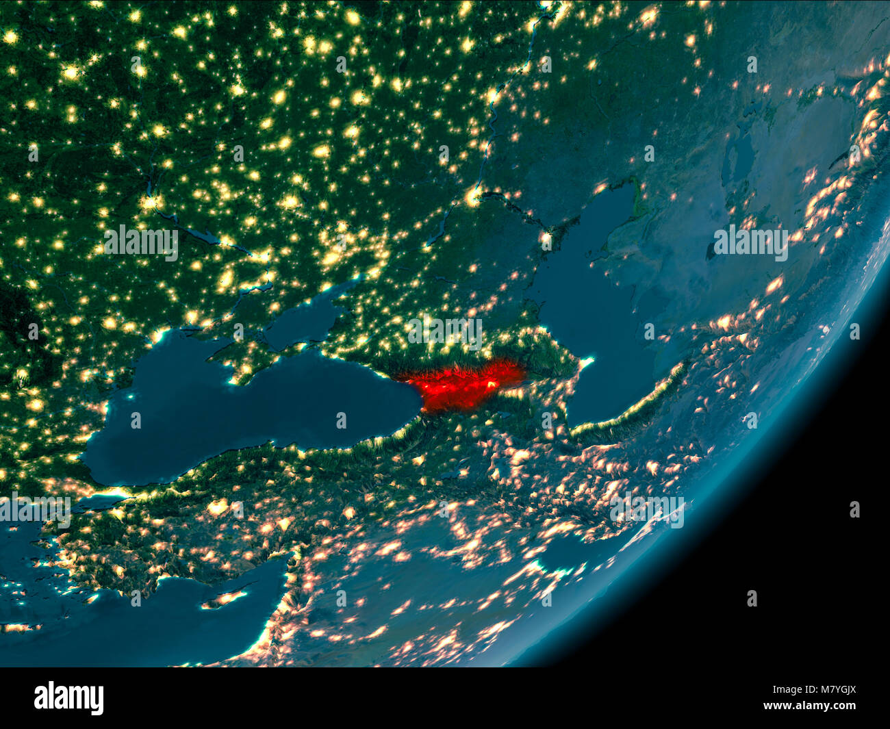 Night view of Georgia highlighted in red on planet Earth with ...