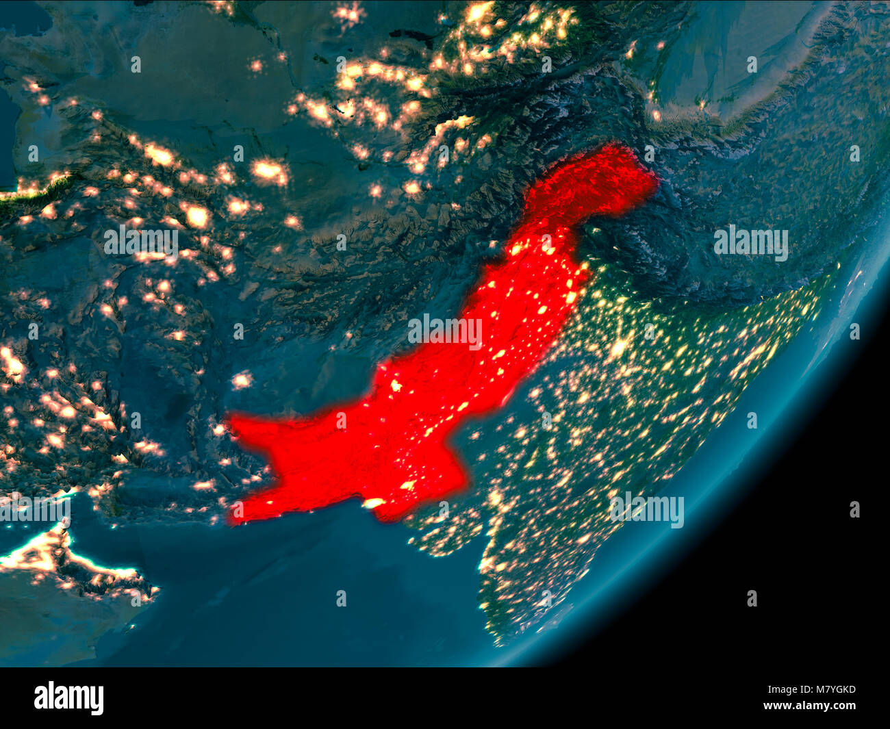 Night view of Pakistan highlighted in red on planet Earth with ...