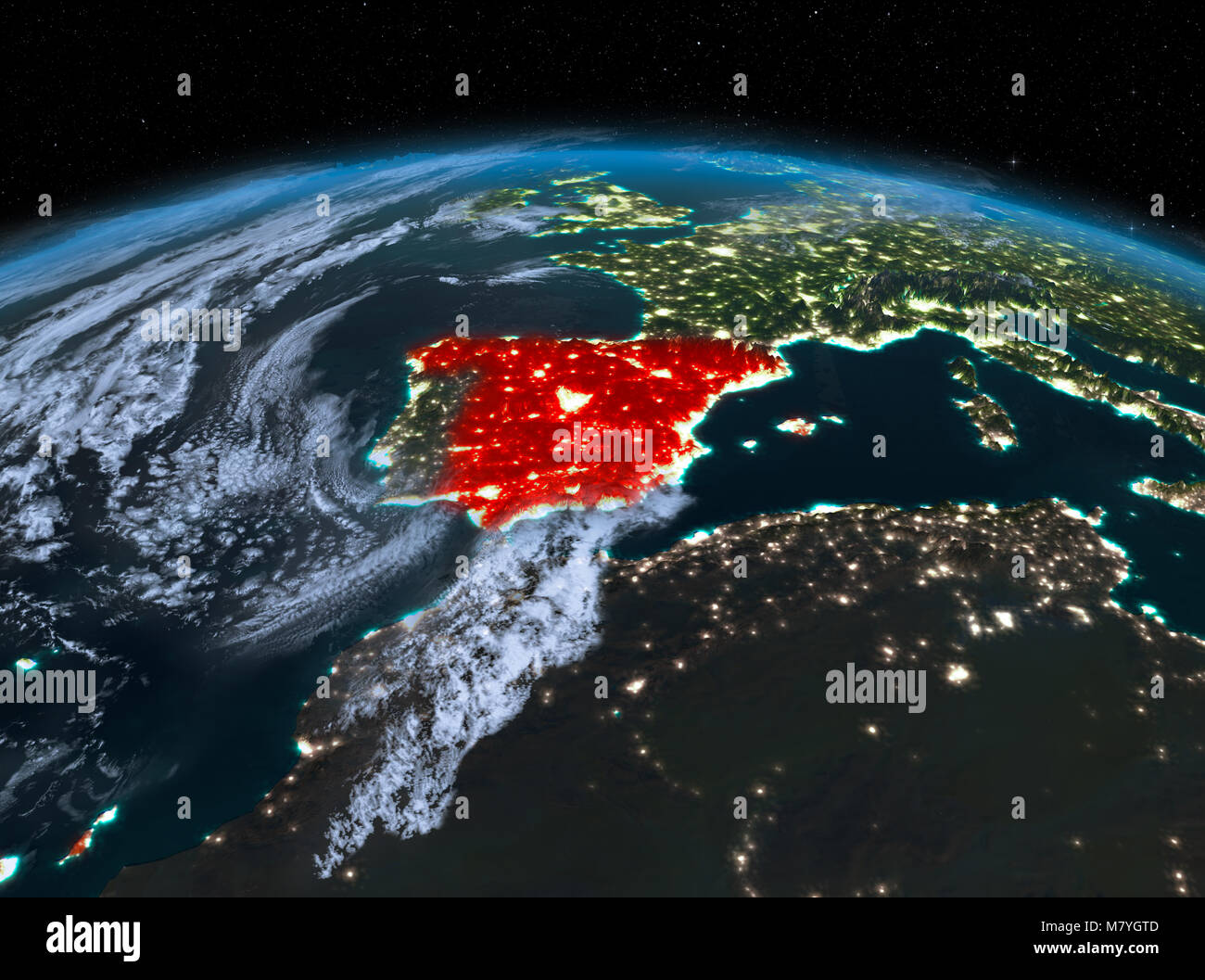 Satellite night view of Spain highlighted in red on planet Earth with clouds. 3D illustration ...