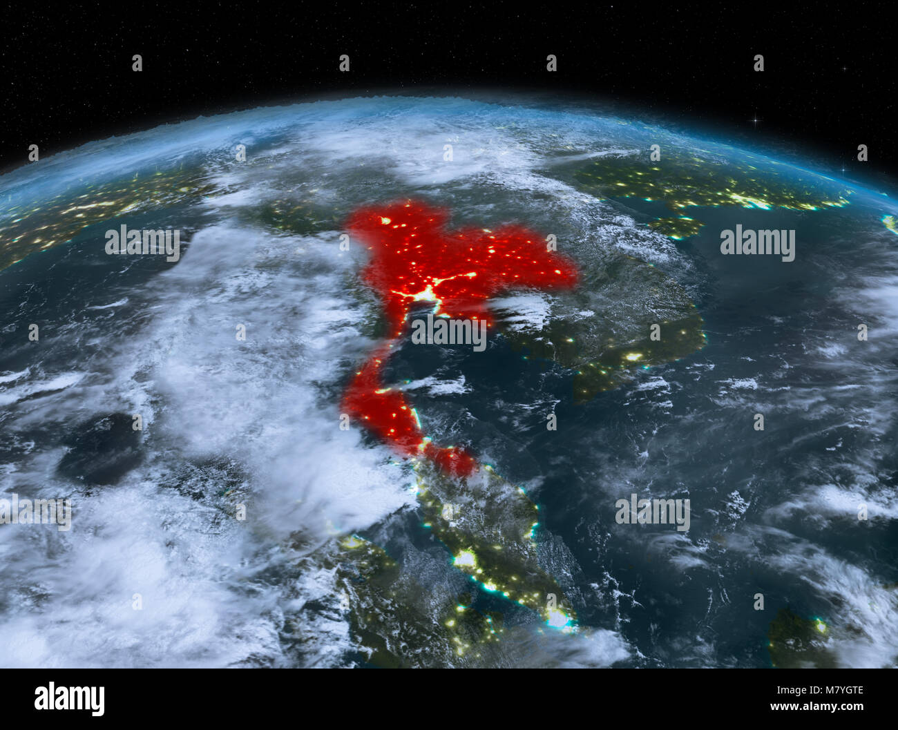 Satellite night view of Thailand highlighted in red on planet Earth with clouds. 3D illustration ...
