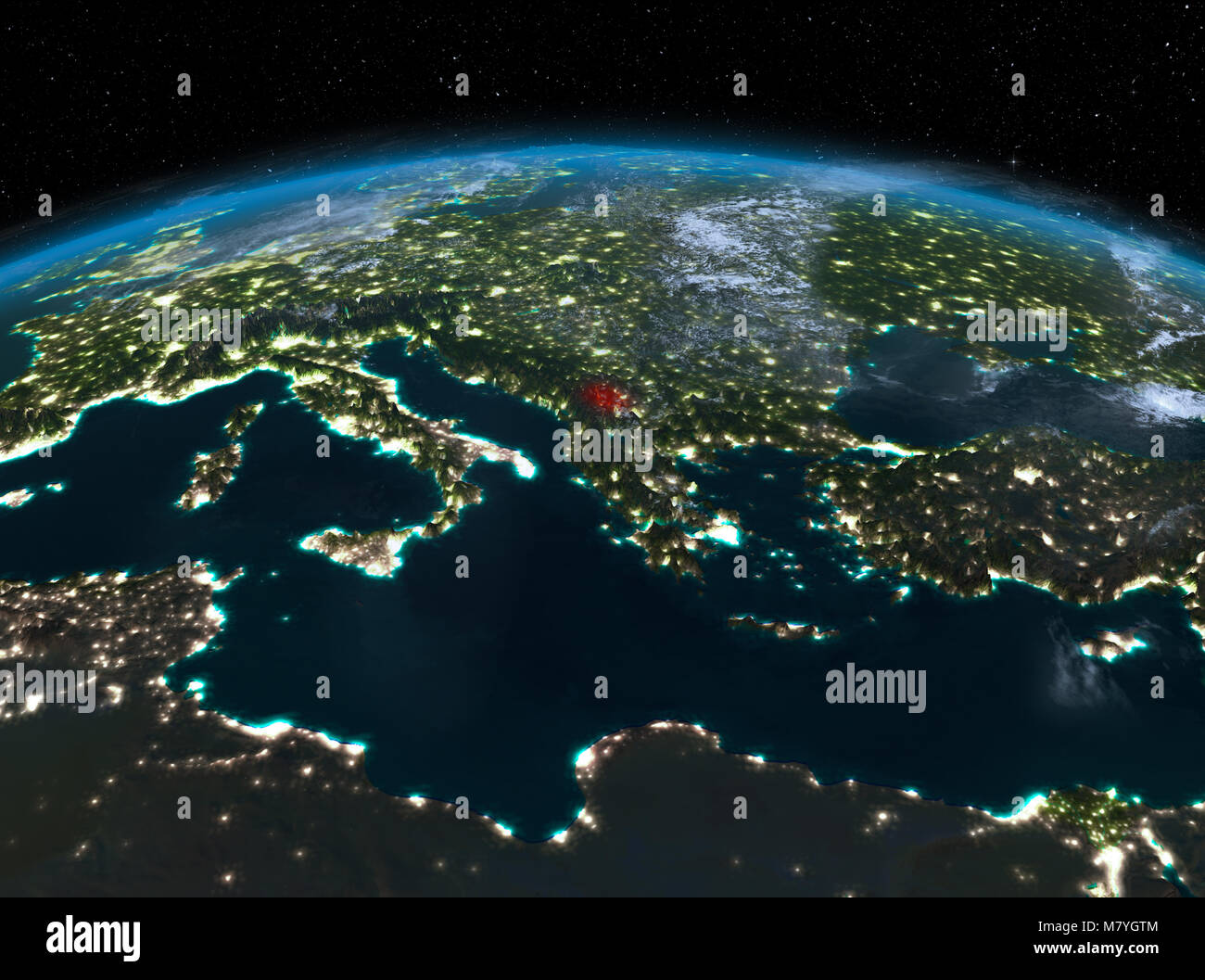Satellite night view of Kosovo highlighted in red on planet Earth with clouds. 3D illustration ...