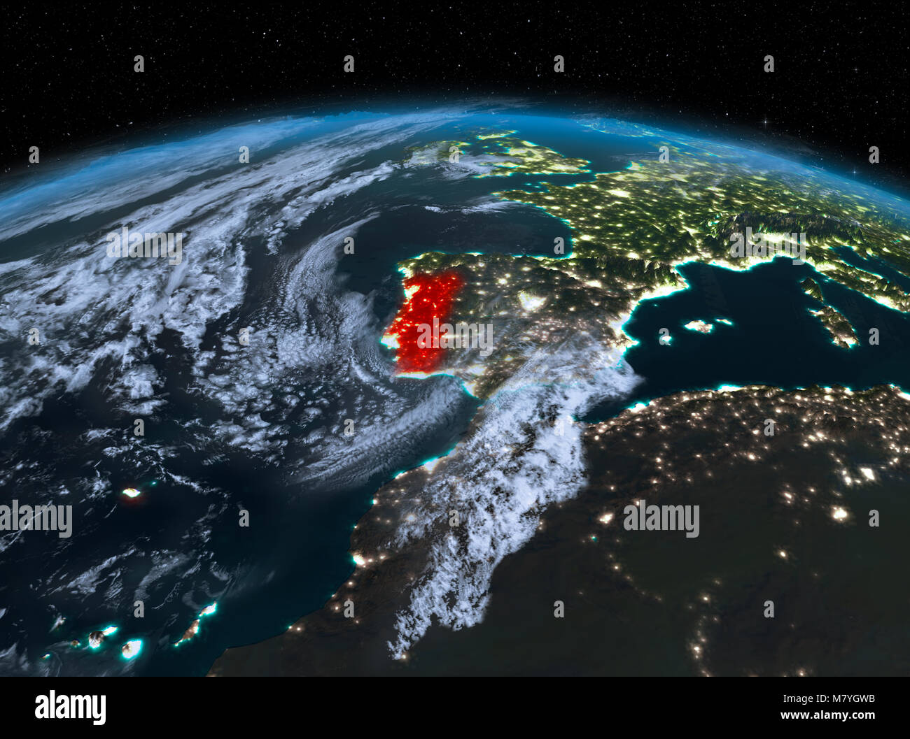 Satellite night view of Portugal highlighted in red on planet Earth with clouds. 3D illustration ...