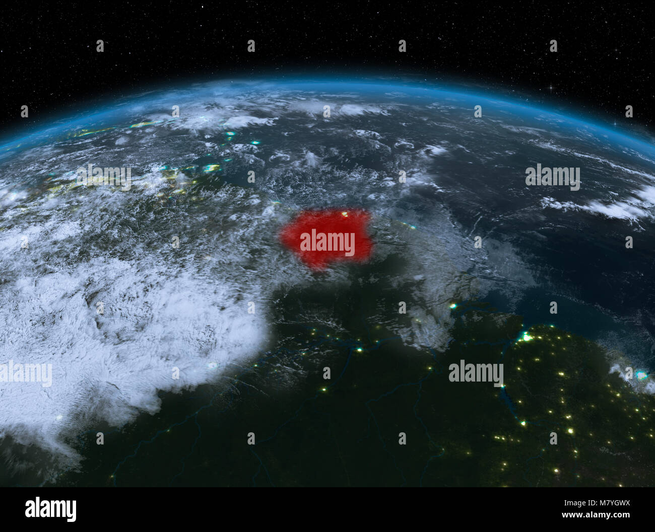 Satellite night view of Suriname highlighted in red on planet Earth with clouds. 3D illustration ...