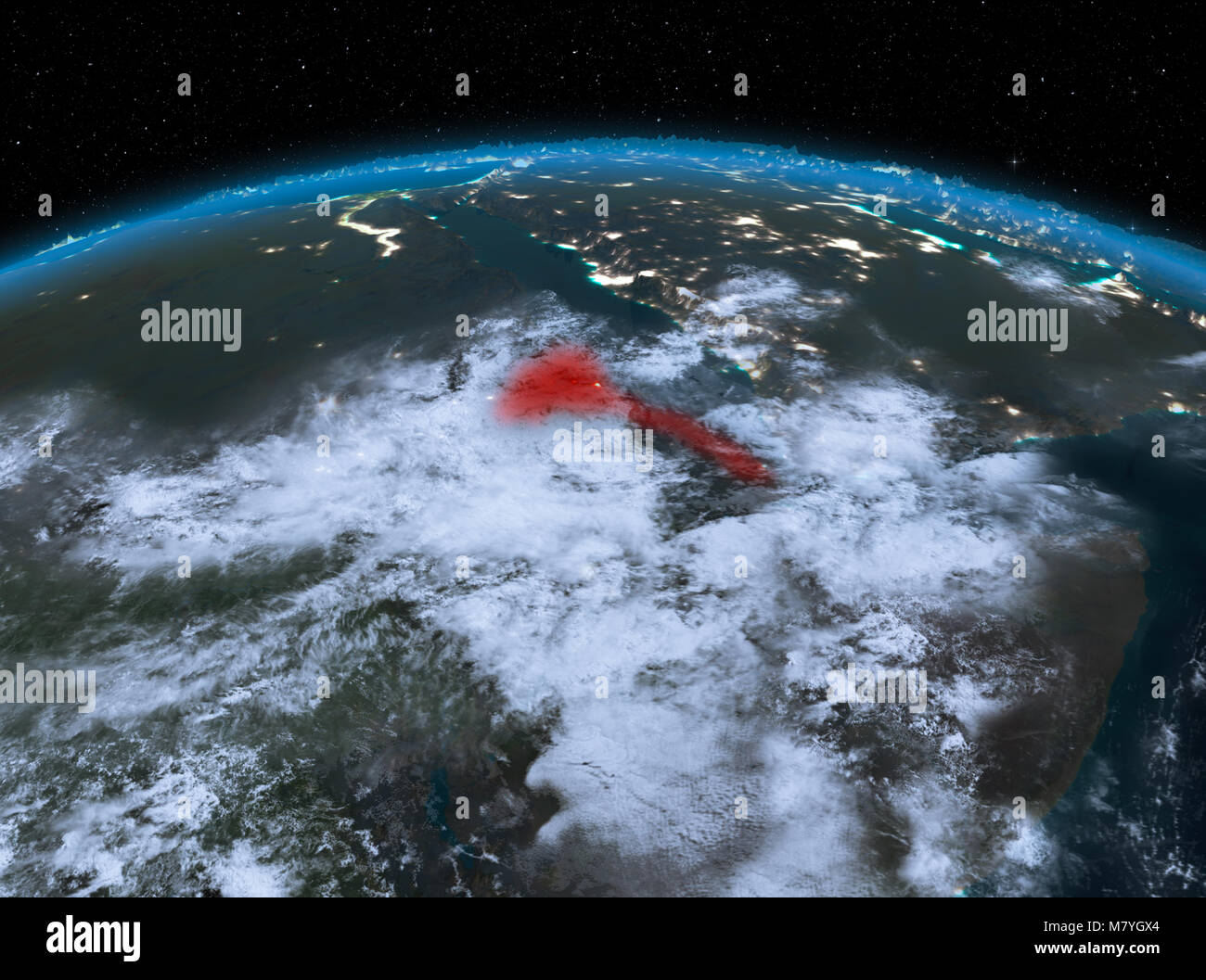 Satellite night view of Eritrea highlighted in red on planet Earth with clouds. 3D illustration ...
