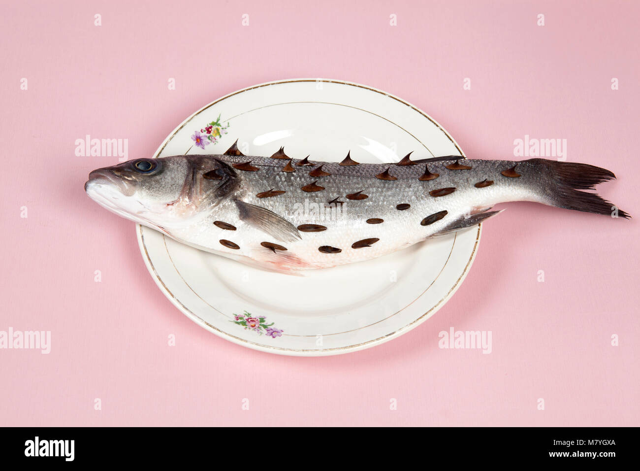 A bass fish with rosebush, thorns in a flower plate hidden on a vibrant ...