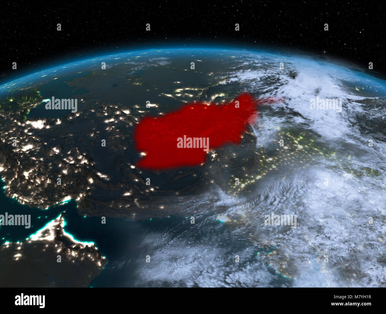 Satellite night view of Afghanistan highlighted in red on planet Earth with clouds. 3D ...