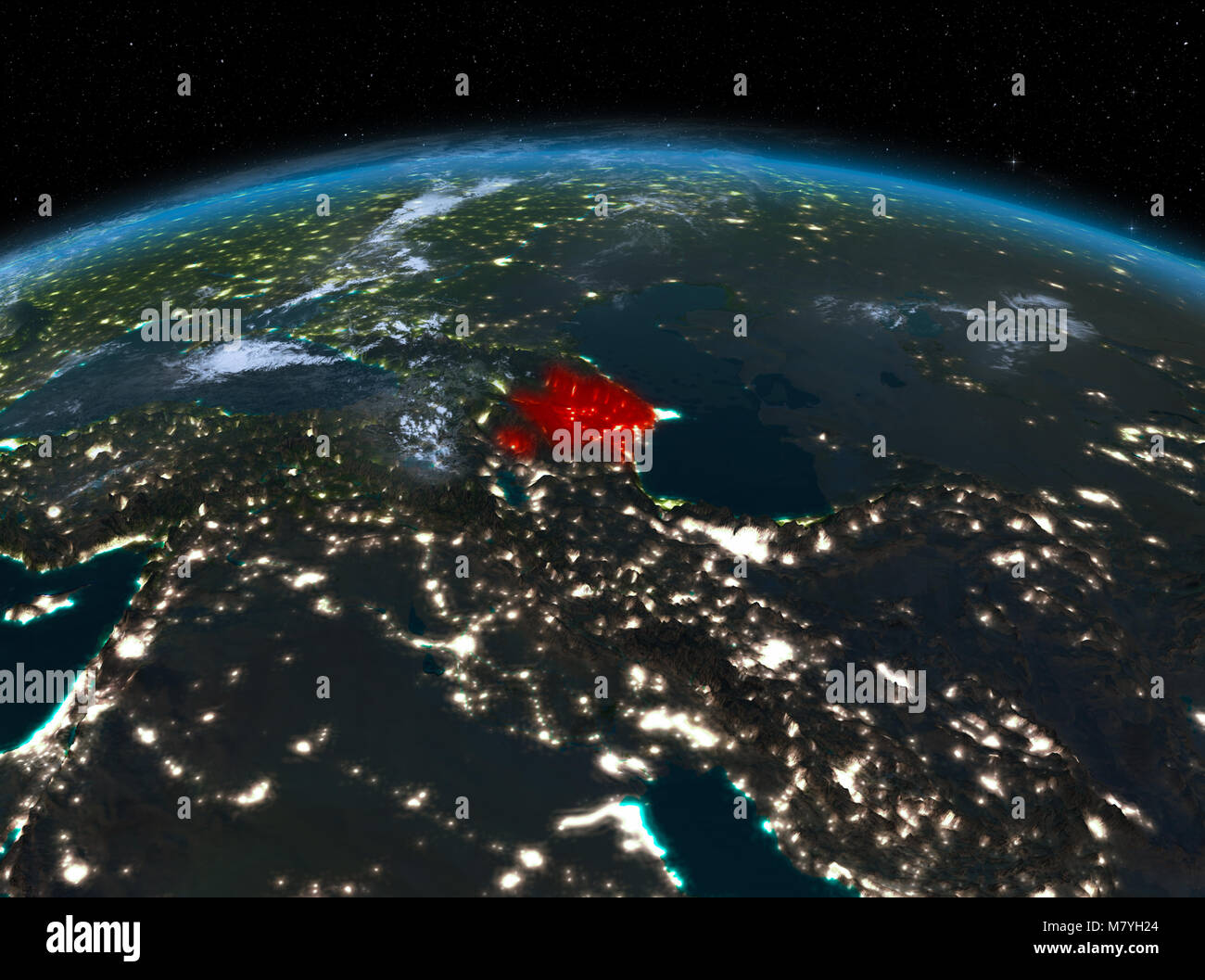 Satellite night view of Azerbaijan highlighted in red on planet Earth with clouds. 3D ...