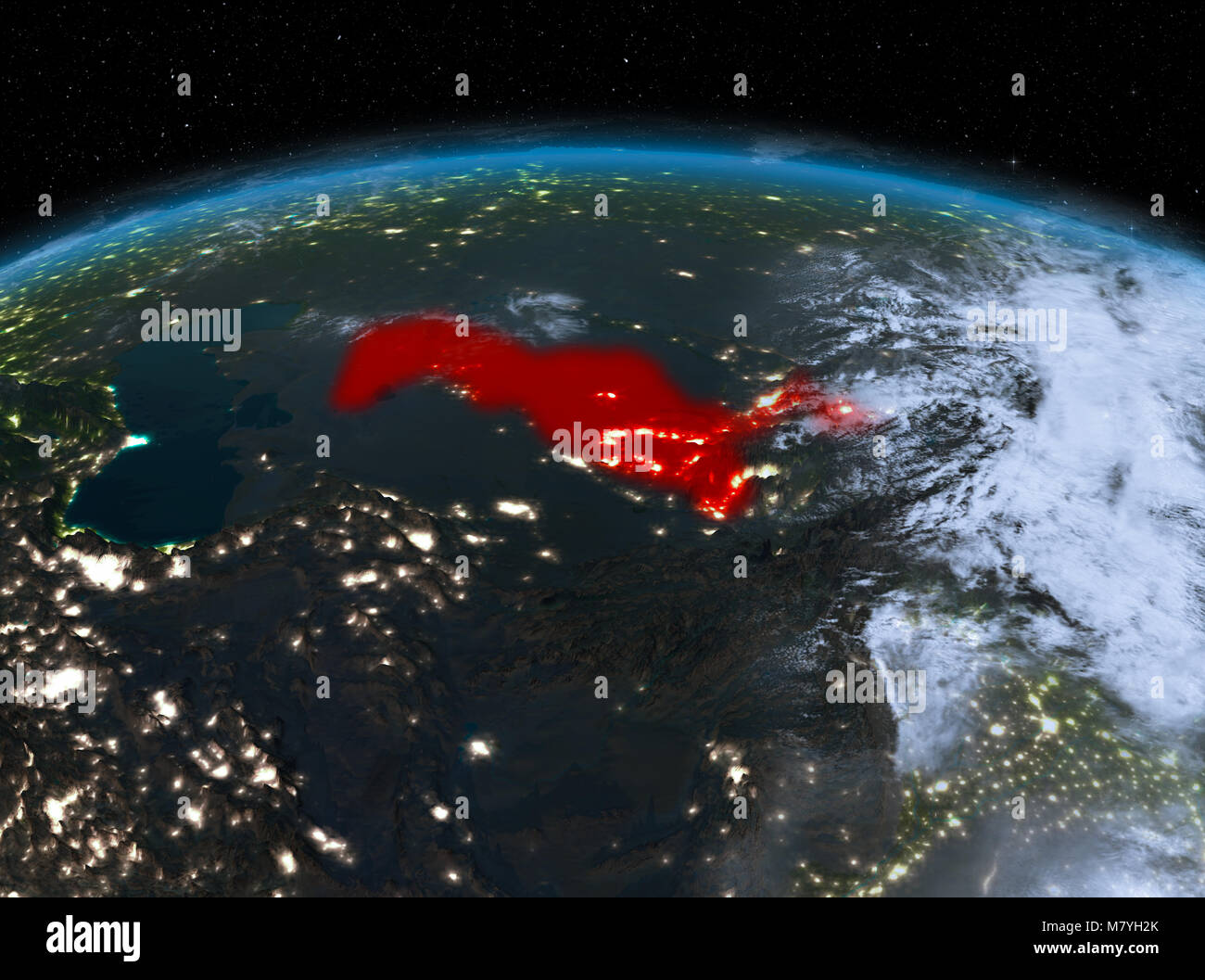 Satellite night view of Uzbekistan highlighted in red on planet Earth with clouds. 3D ...
