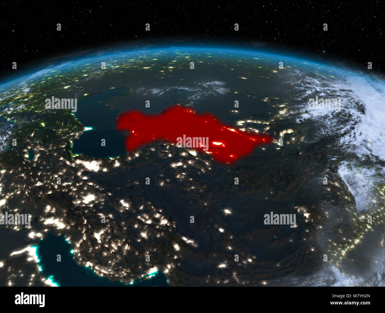 Satellite night view of Turkmenistan highlighted in red on planet Earth with clouds. 3D ...