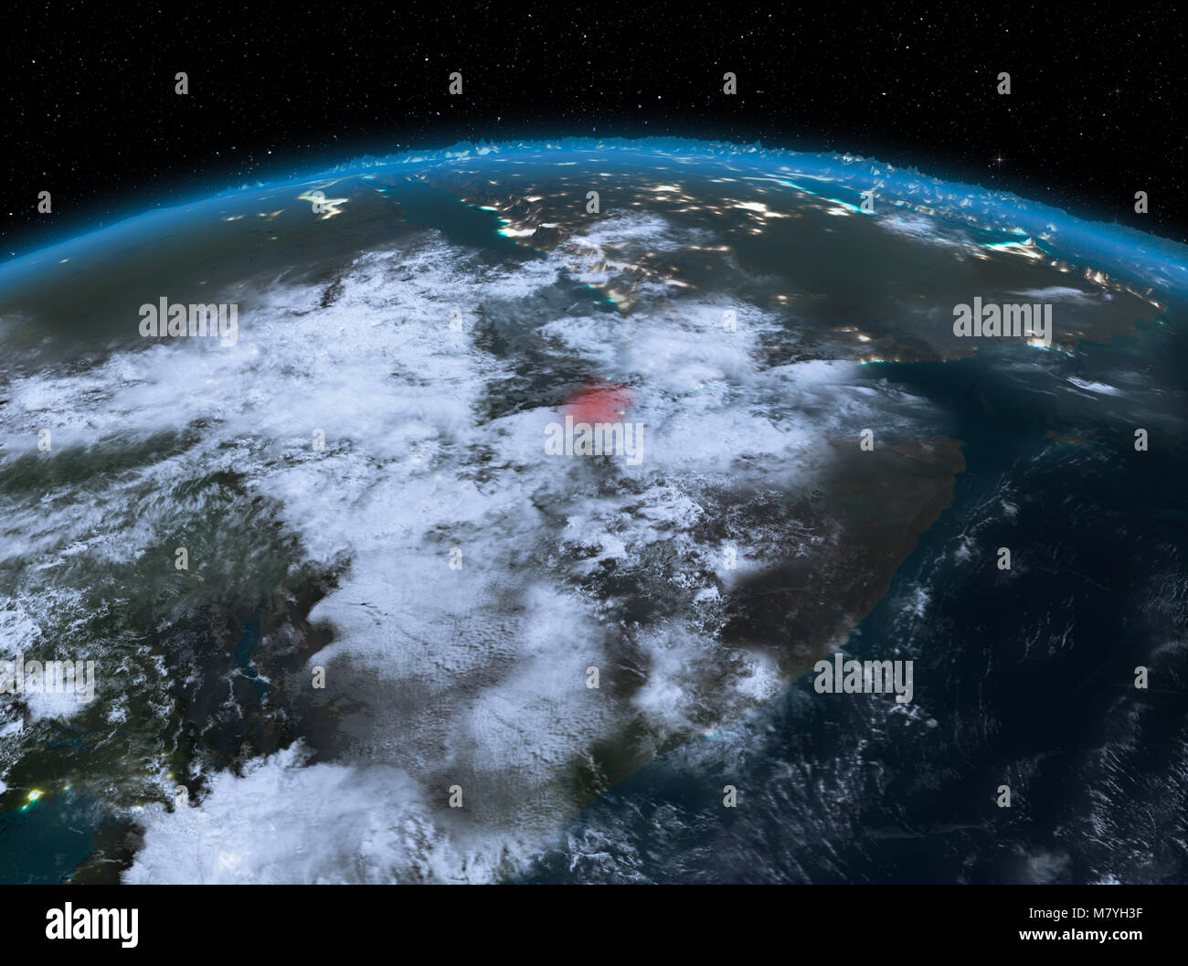 Satellite night view of Djibouti highlighted in red on planet Earth with clouds. 3D illustration ...