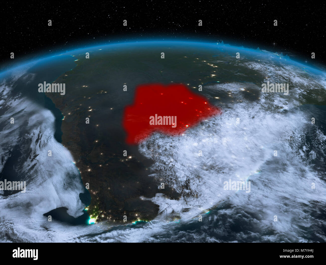 Satellite night view of Botswana highlighted in red on planet Earth with clouds. 3D illustration ...