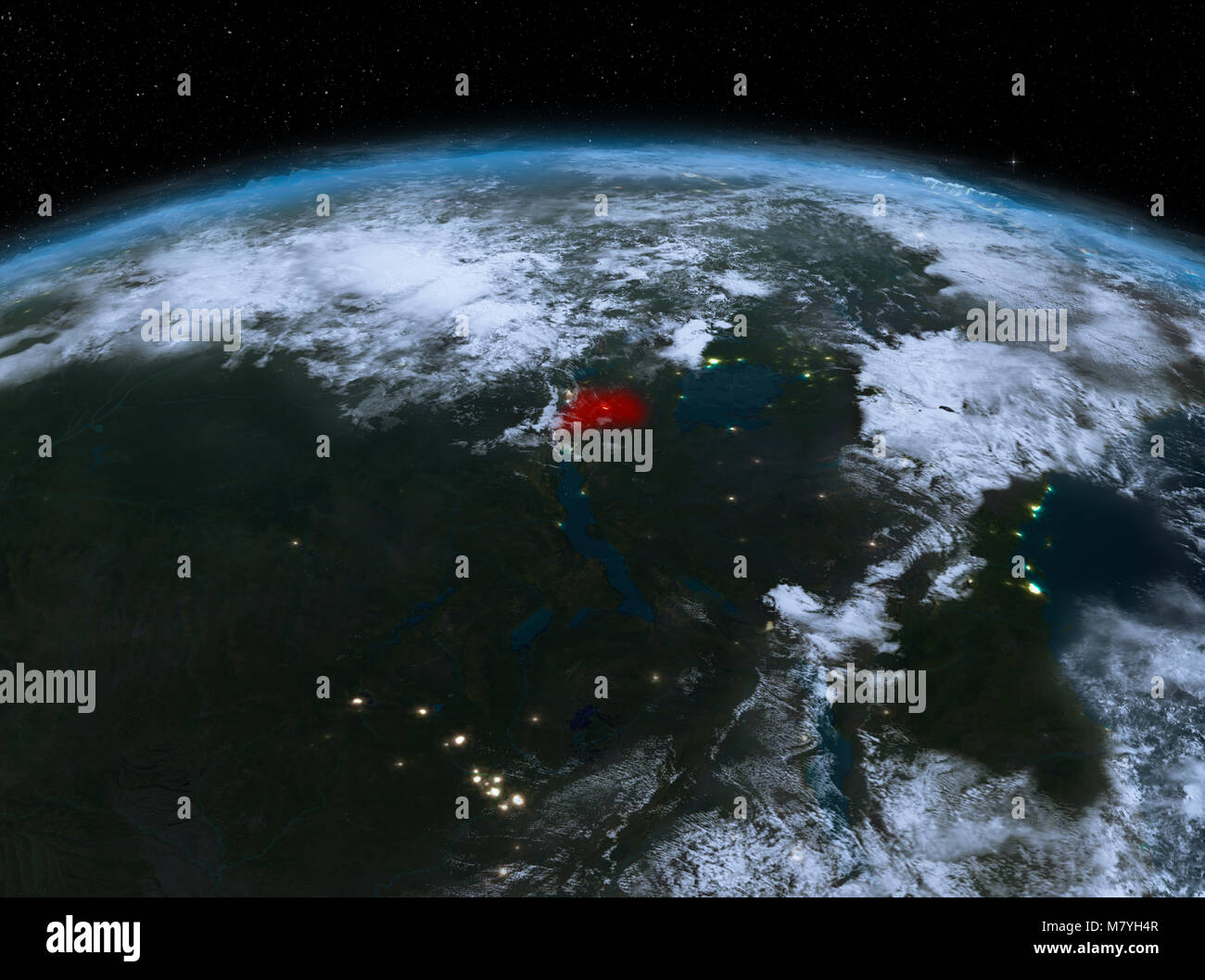 Satellite night view of Rwanda highlighted in red on planet Earth with ...