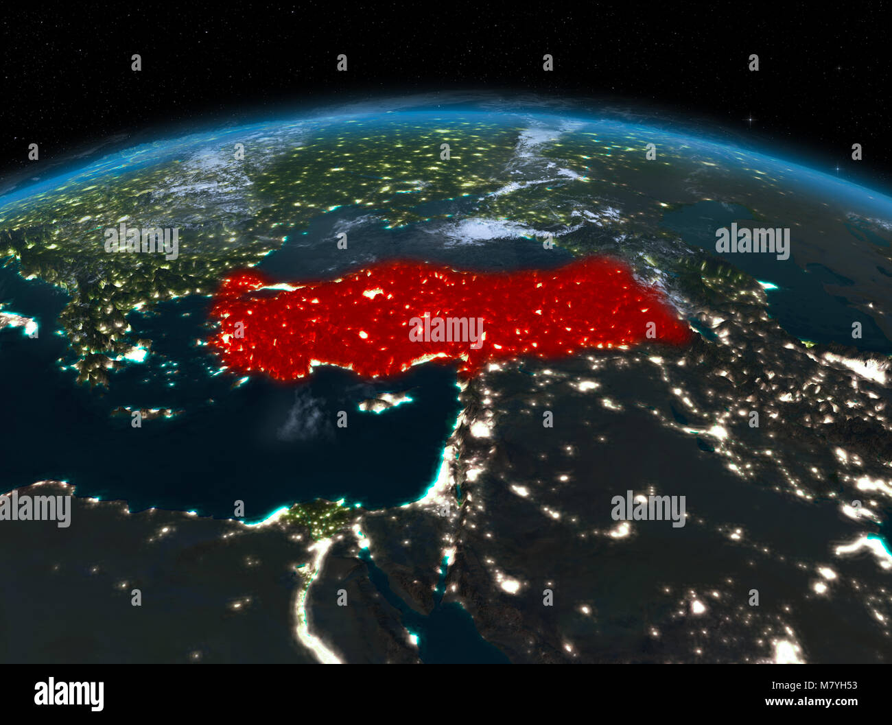 Satellite night view of Turkey highlighted in red on planet Earth with ...