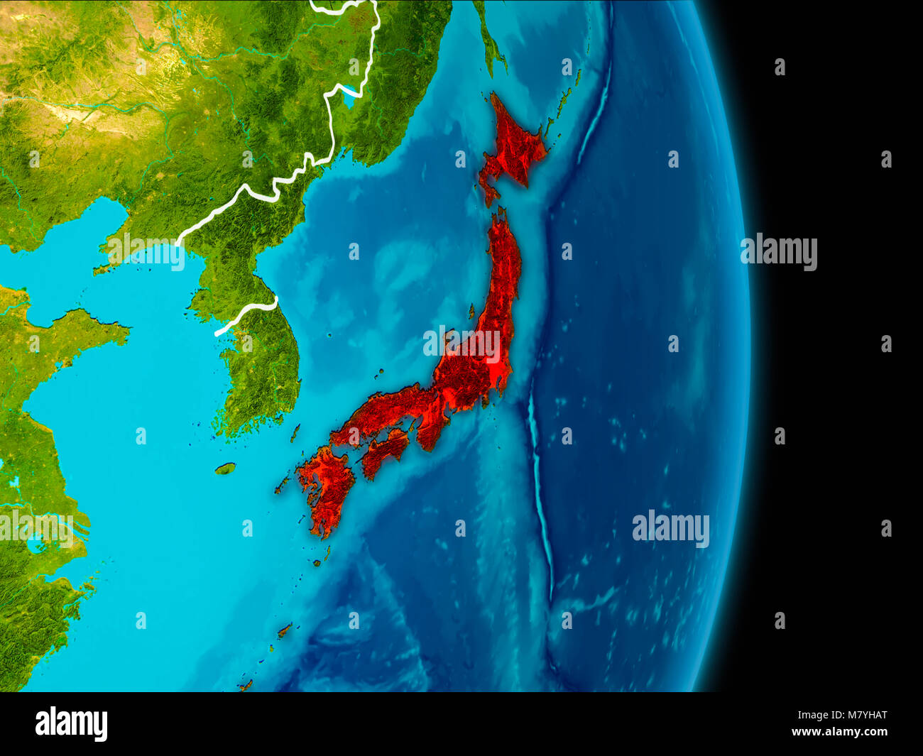 Japan in red on planet Earth with visible borderlines. 3D illustration ...