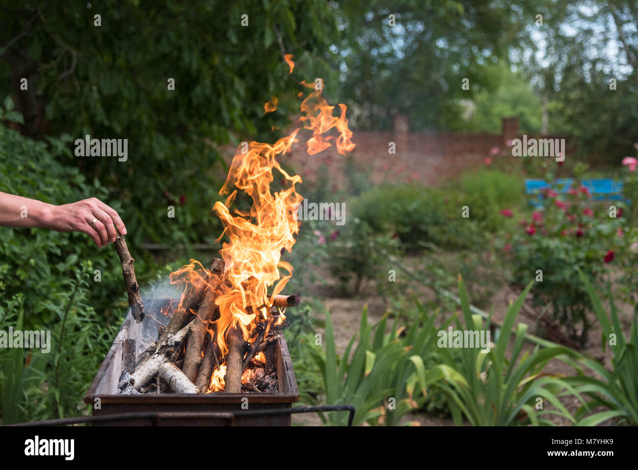 Fire burns on the grill, preparation for frying meat, summer vacation ...