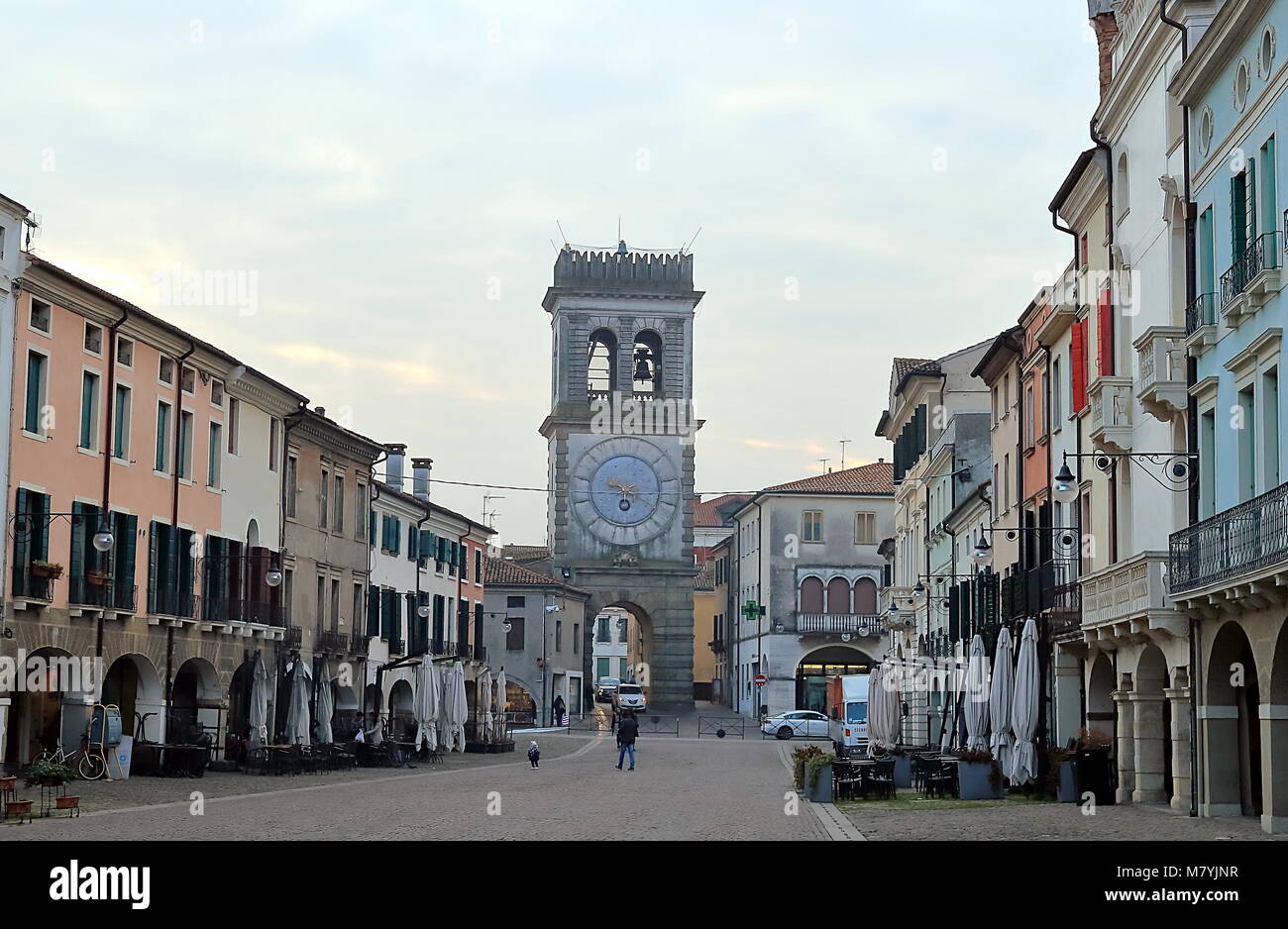 Este, Italy - January 26, 2018: Street cafes and Town Gate with ...