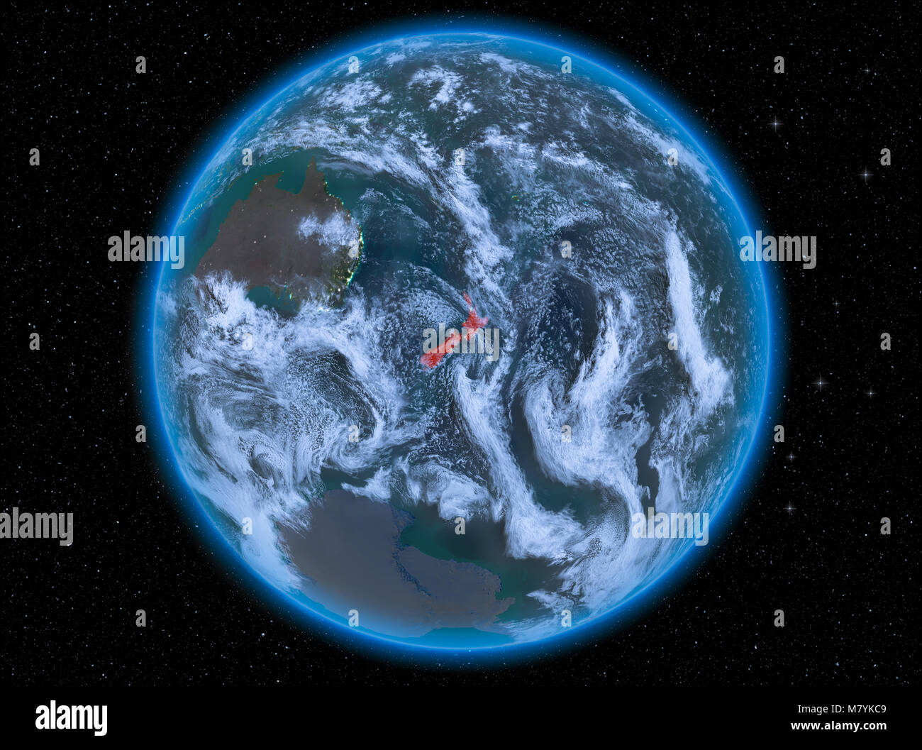 Night view of New Zealand highlighted in red on planet Earth with ...