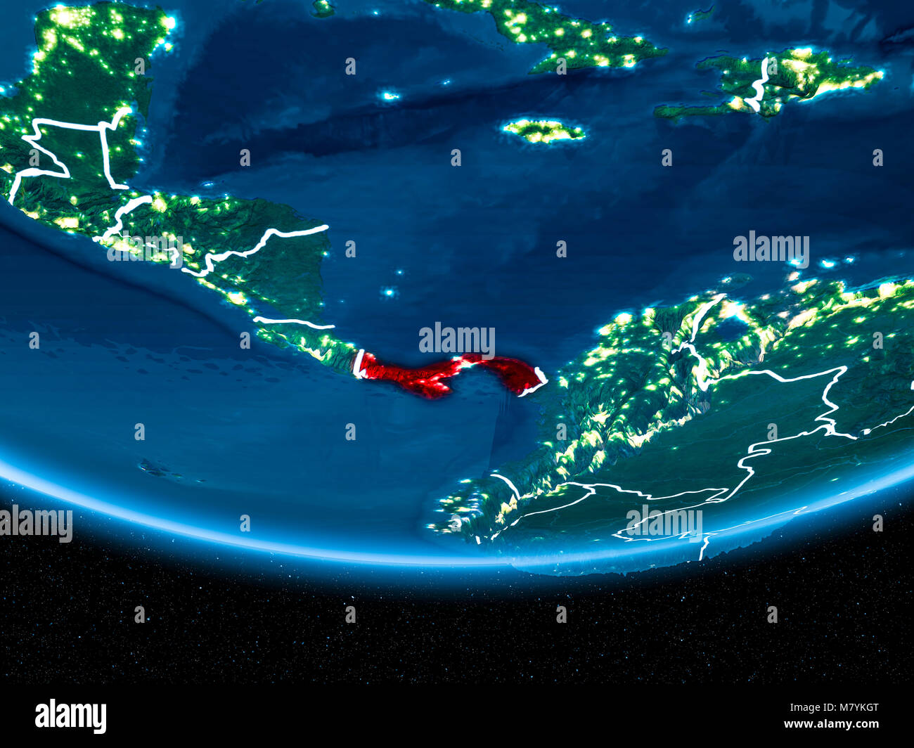 Panama in red with visible country borders and city lights from space ...