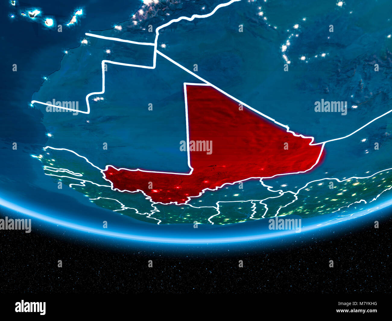 Mali in red with visible country borders and city lights from space at ...
