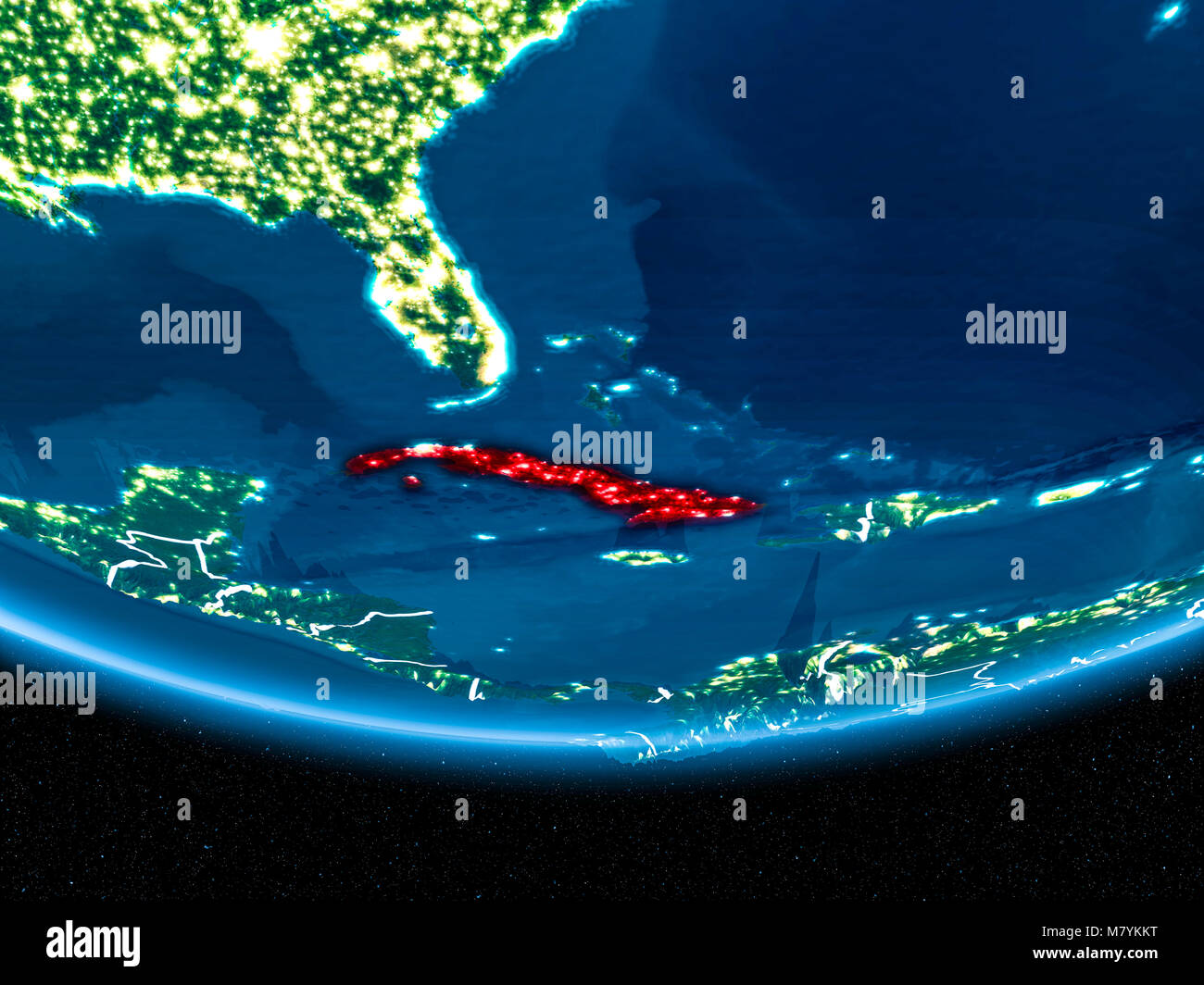 Cuba in red with visible country borders and city lights from space at ...