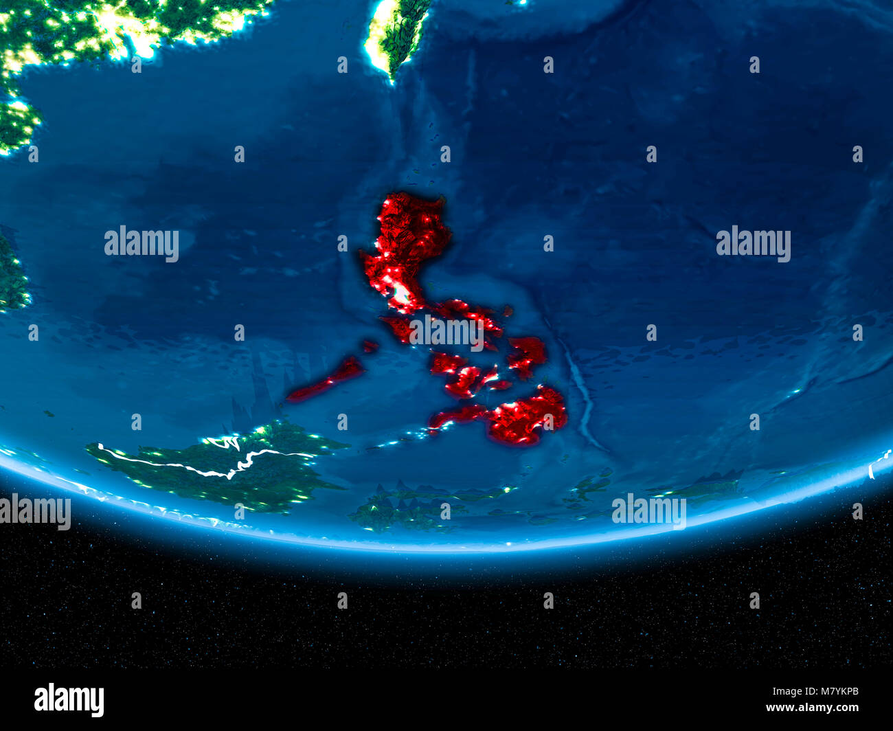 Philippines in red with visible country borders and city lights from ...