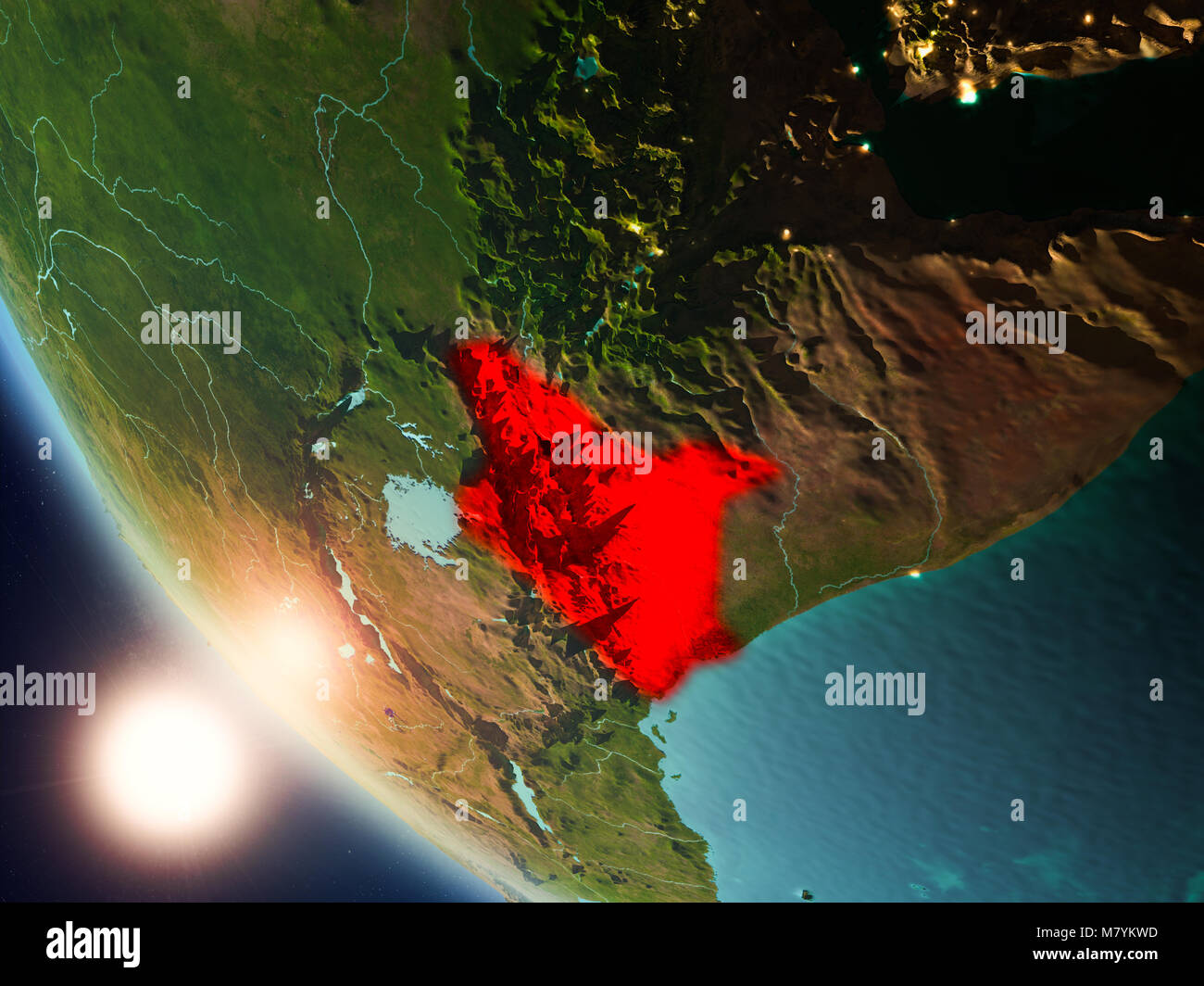 Satellite view of Kenya highlighted in red on planet Earth with visible ...