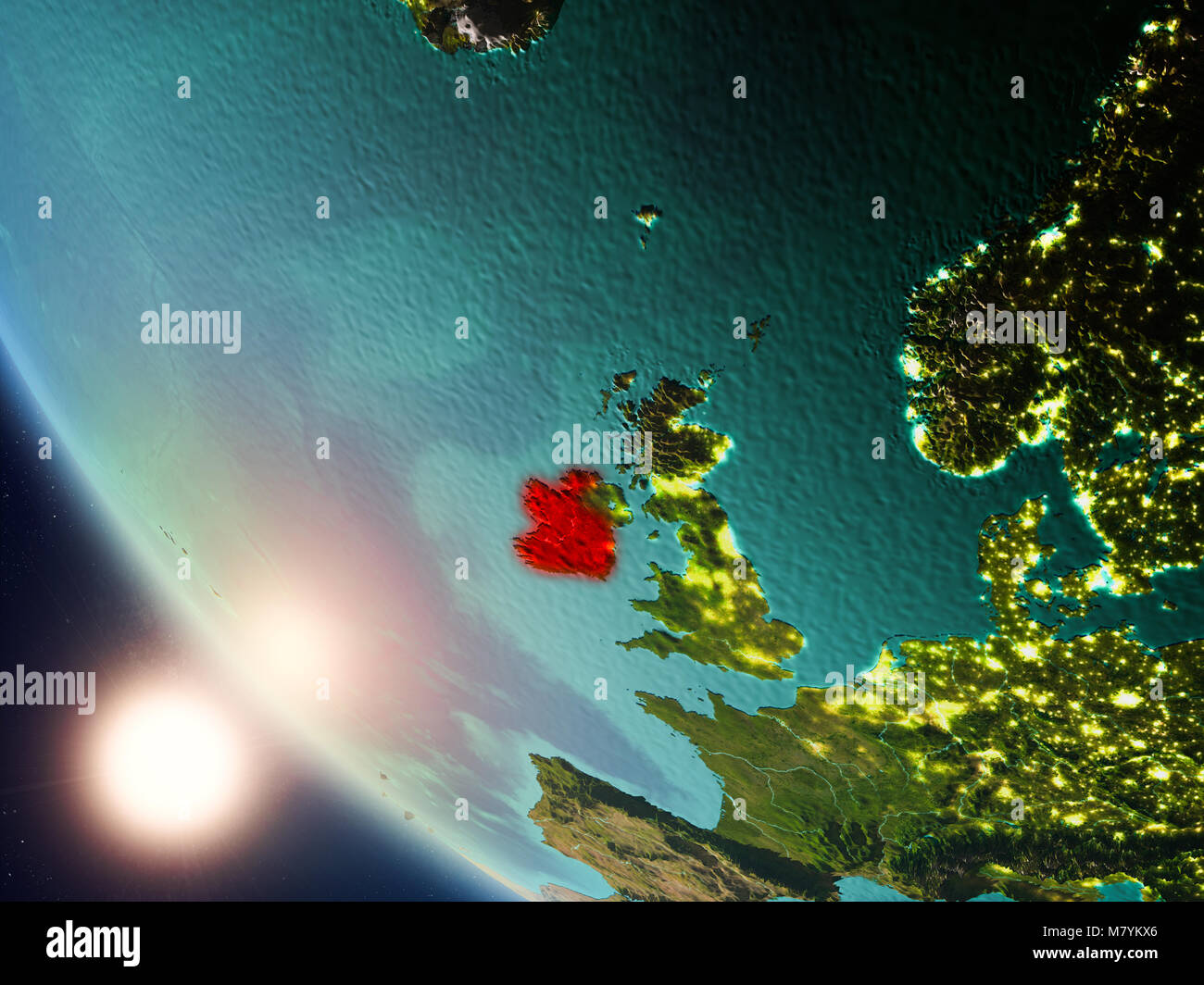 Satellite view of Ireland highlighted in red on planet Earth with ...