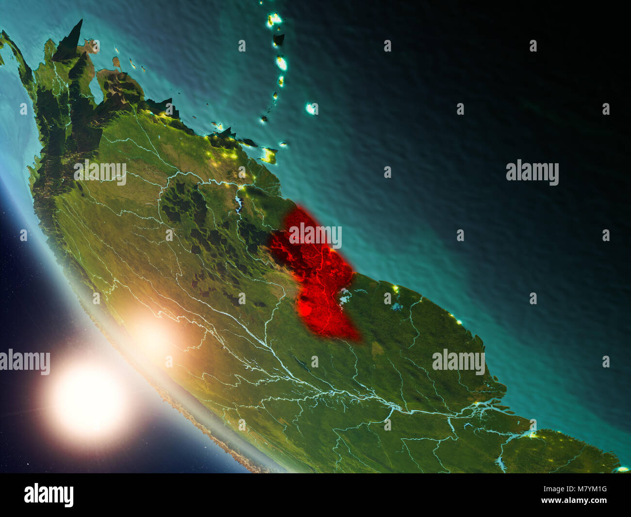 Satellite view of Guyana highlighted in red on planet Earth with ...