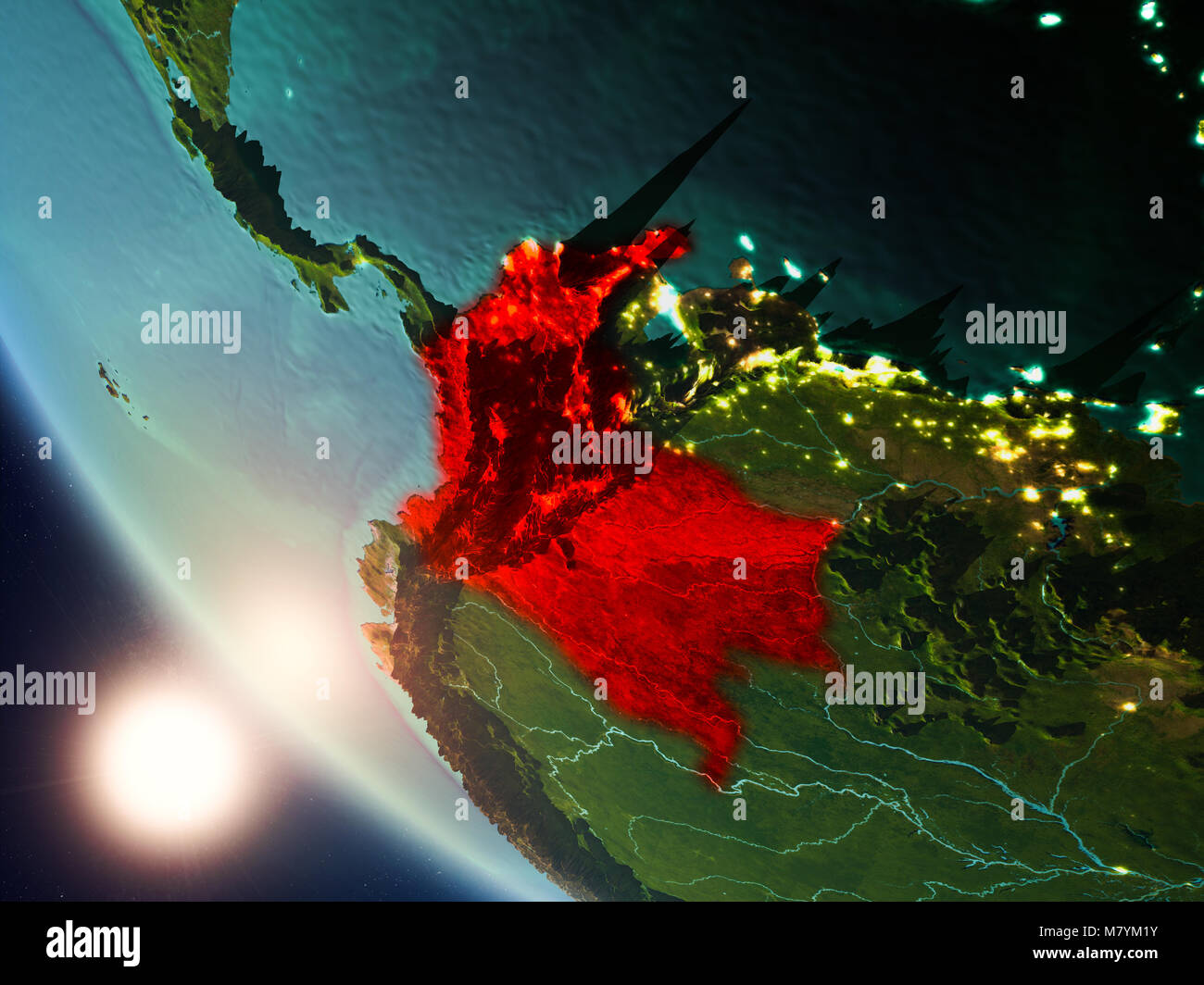 Satellite view of Colombia highlighted in red on planet Earth with ...