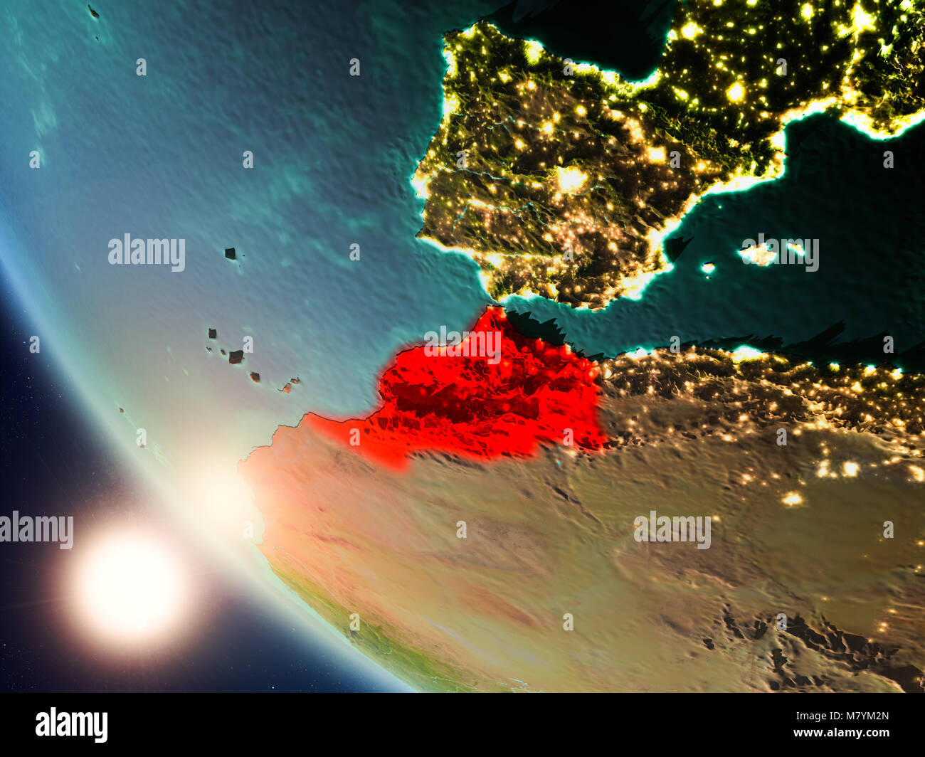 Satellite view of Morocco highlighted in red on planet Earth with ...