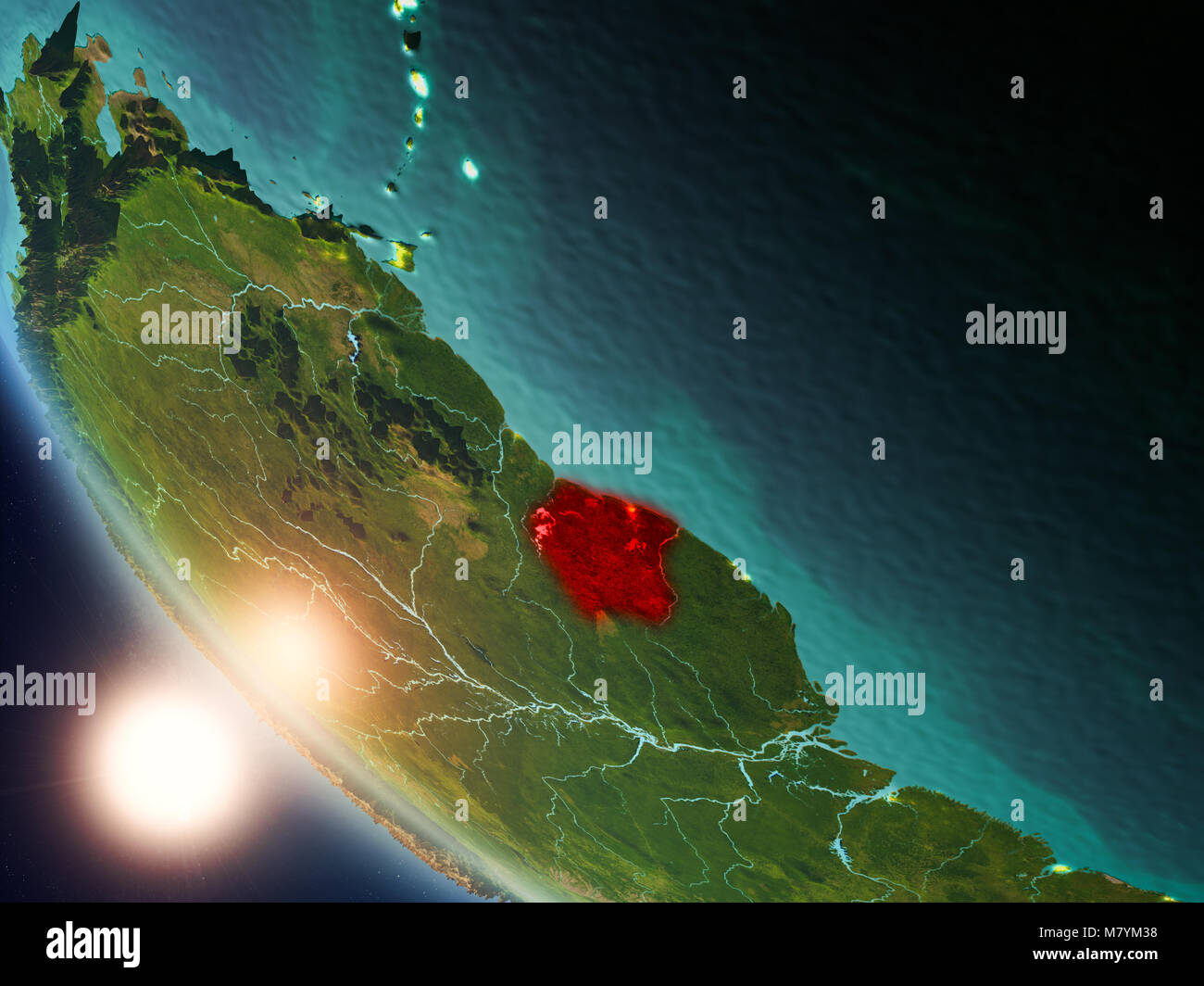 Satellite view of Suriname highlighted in red on planet Earth with ...