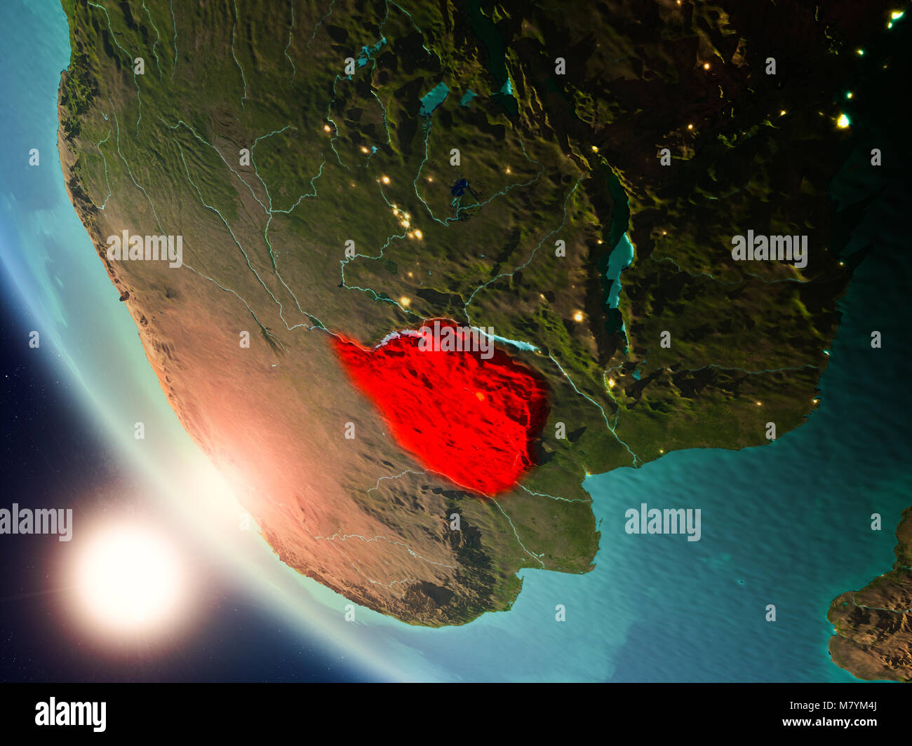 Satellite view of Zimbabwe highlighted in red on planet Earth with visible country borders ...
