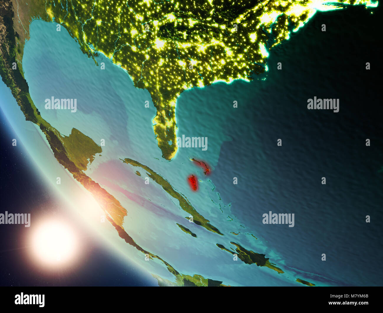 Satellite view of Bahamas highlighted in red on planet Earth with ...
