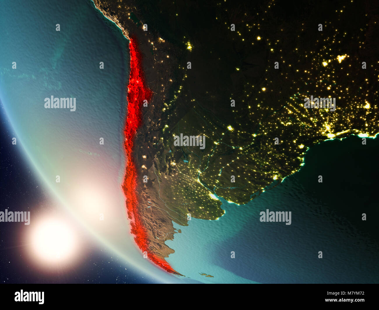 Satellite view of Chile highlighted in red on planet Earth with visible ...