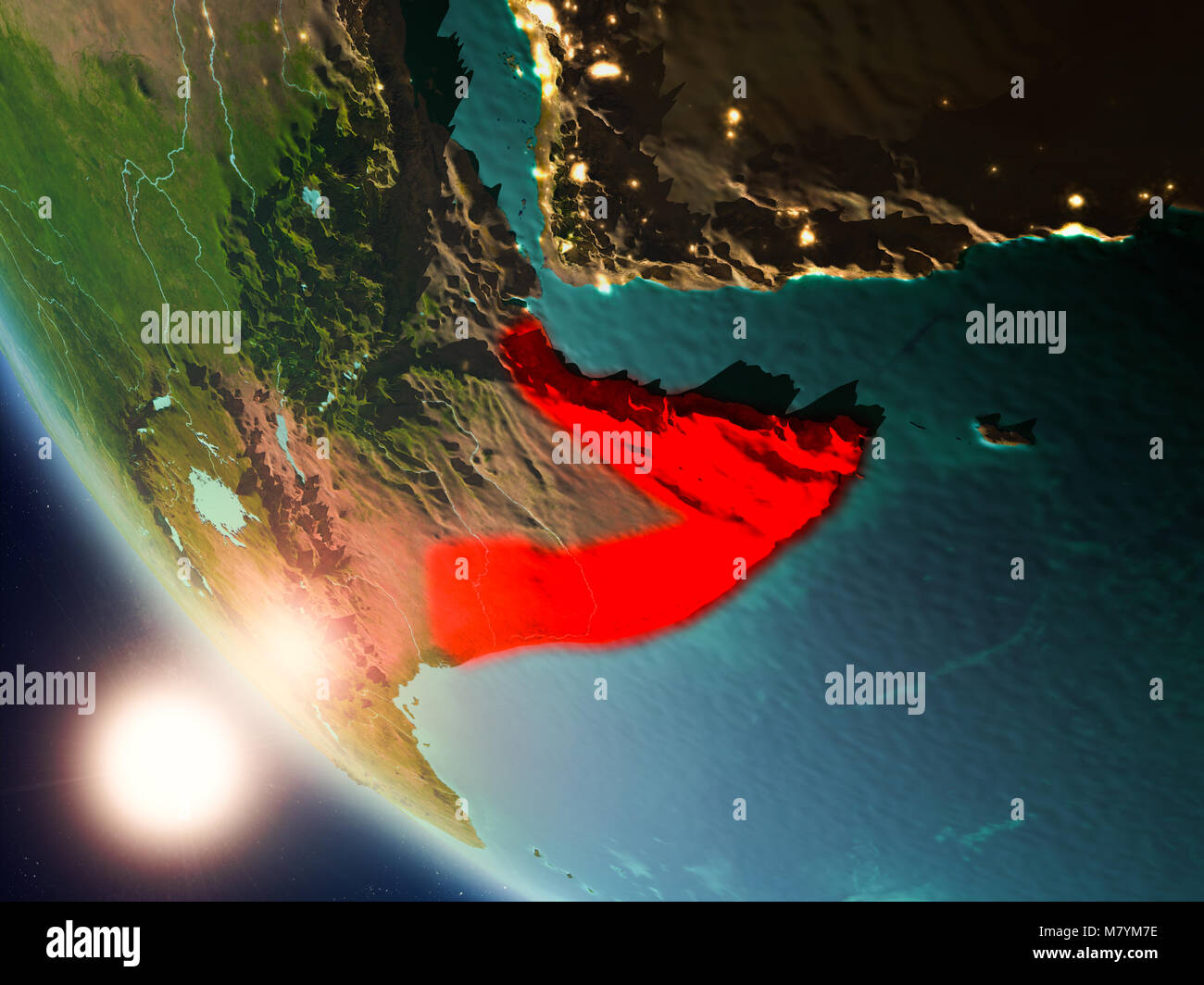 Satellite view of Somalia highlighted in red on planet Earth with ...