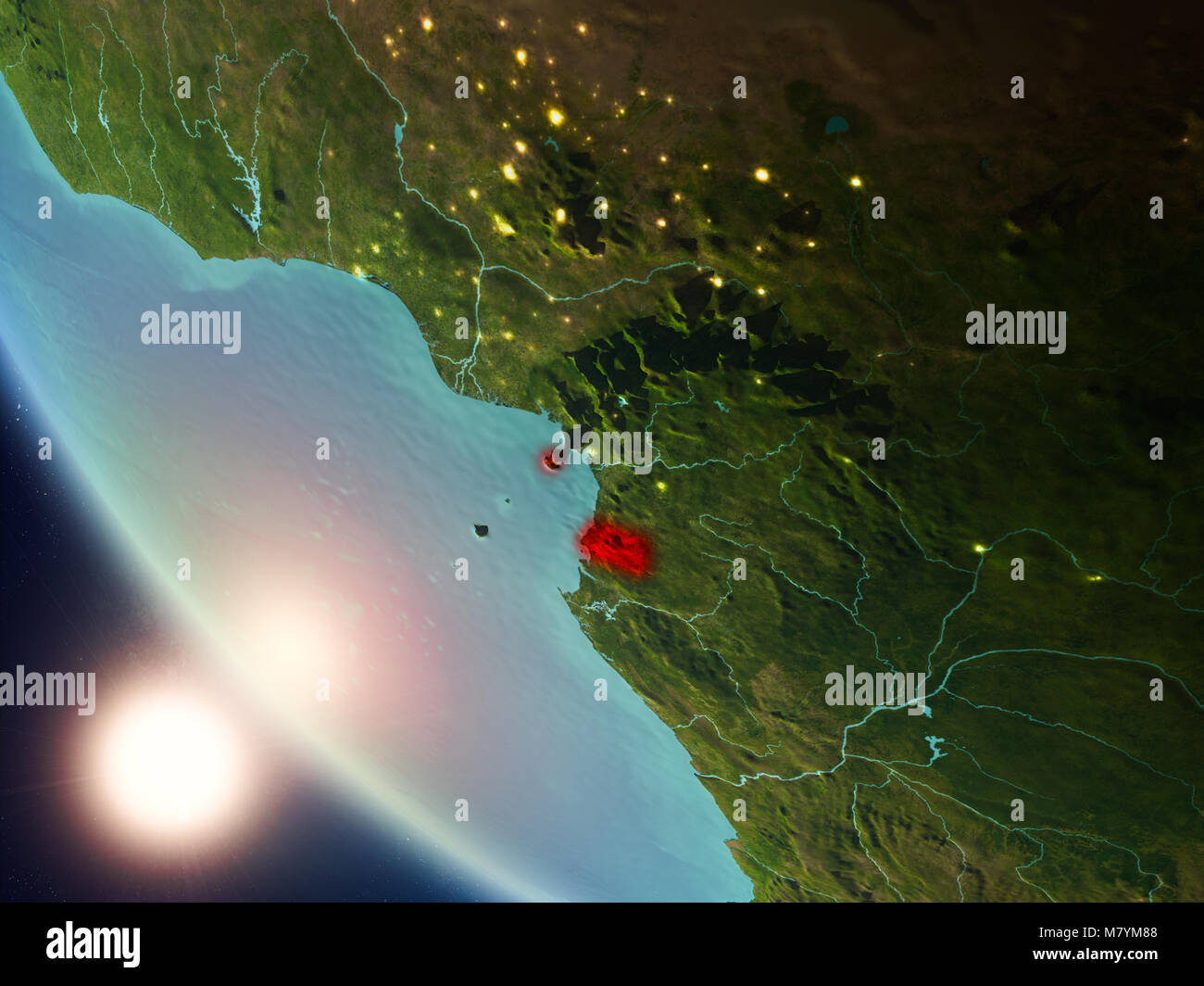 Satellite view of Equatorial Guinea highlighted in red on planet Earth ...