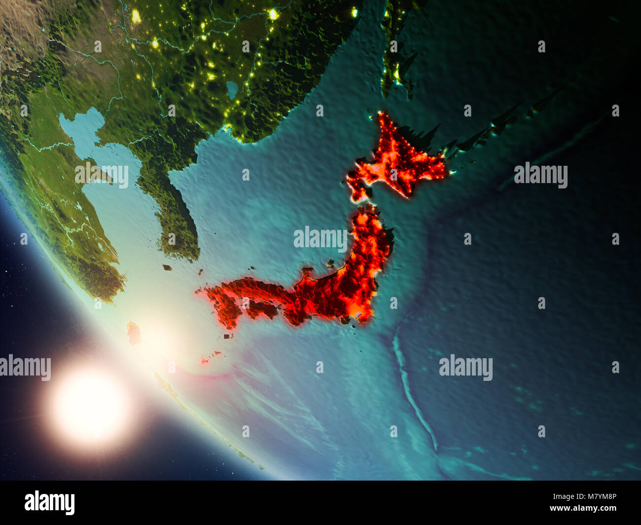 Satellite view of Japan highlighted in red on planet Earth with visible ...