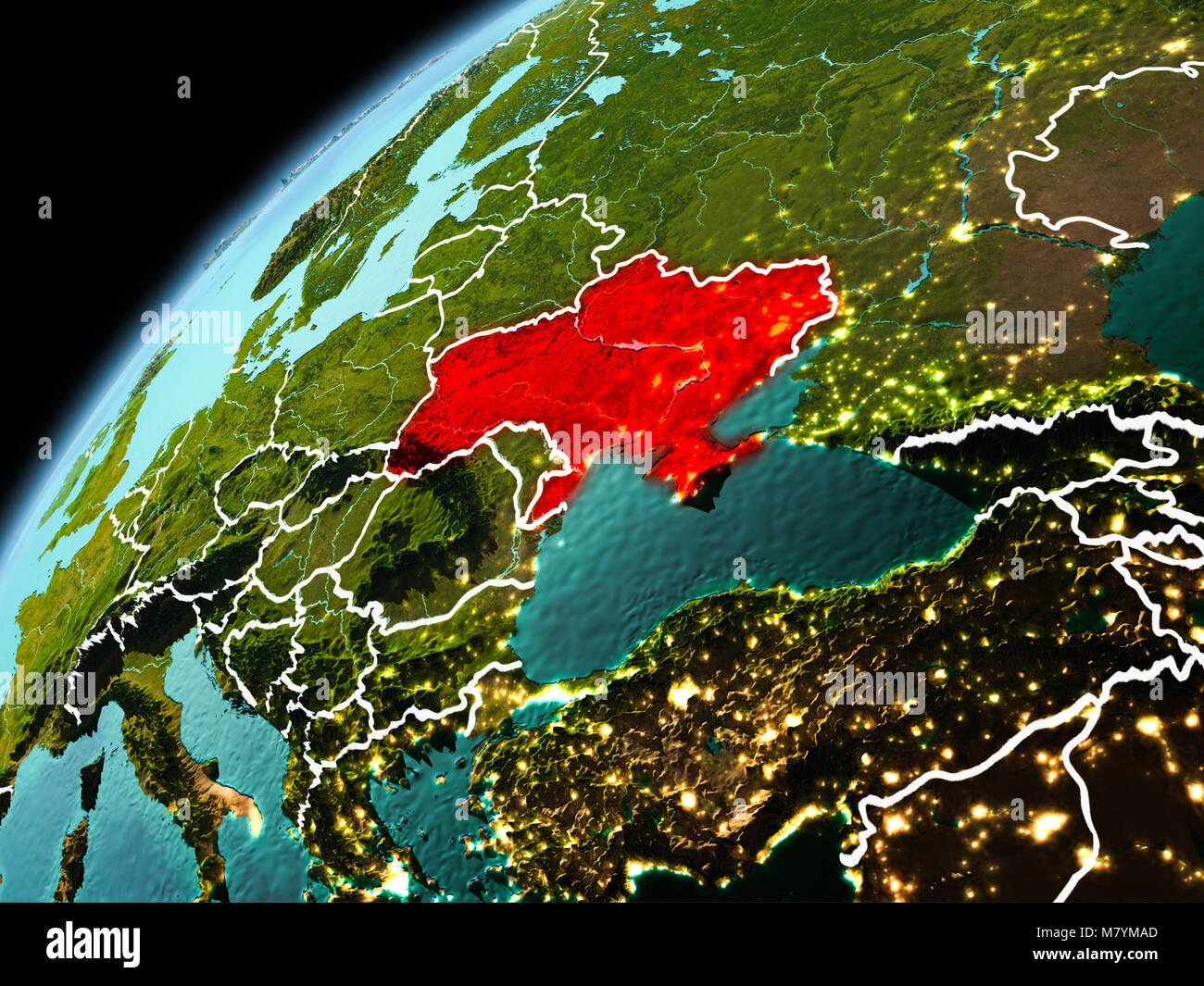 Illustration of Ukraine as seen from Earth’s orbit in late evening with ...
