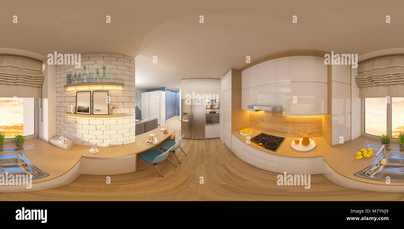 3d illustration spherical 360 degrees, seamless panorama of living room ...