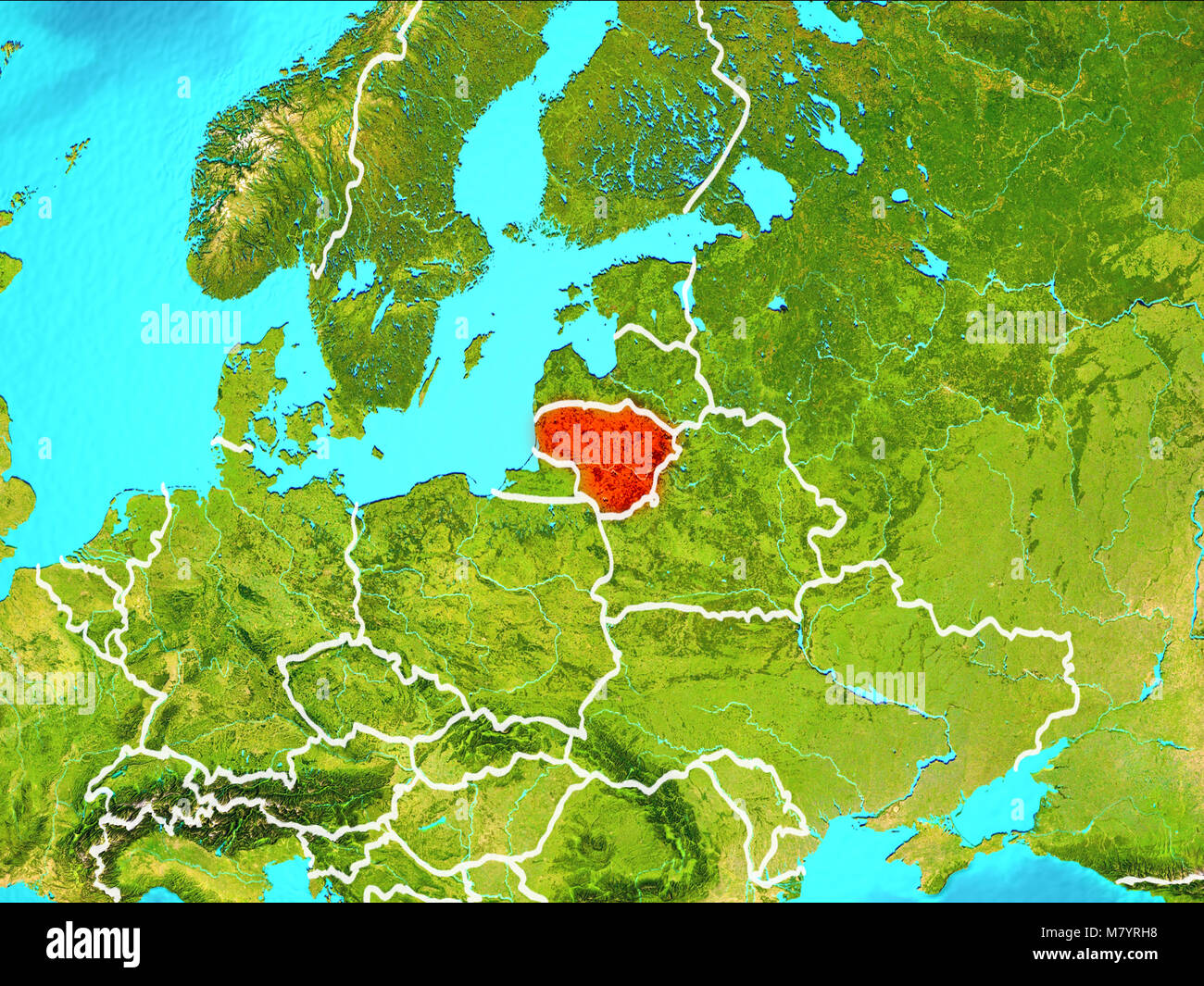 Lithuania highlighted in red from Earth’s orbit. 3D illustration ...