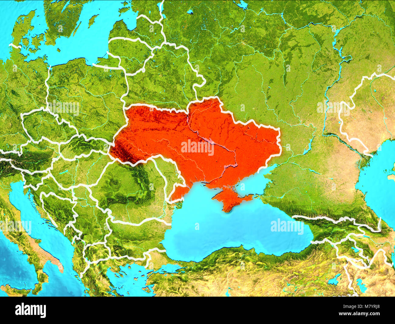 Ukraine highlighted in red from Earth’s orbit. 3D illustration ...