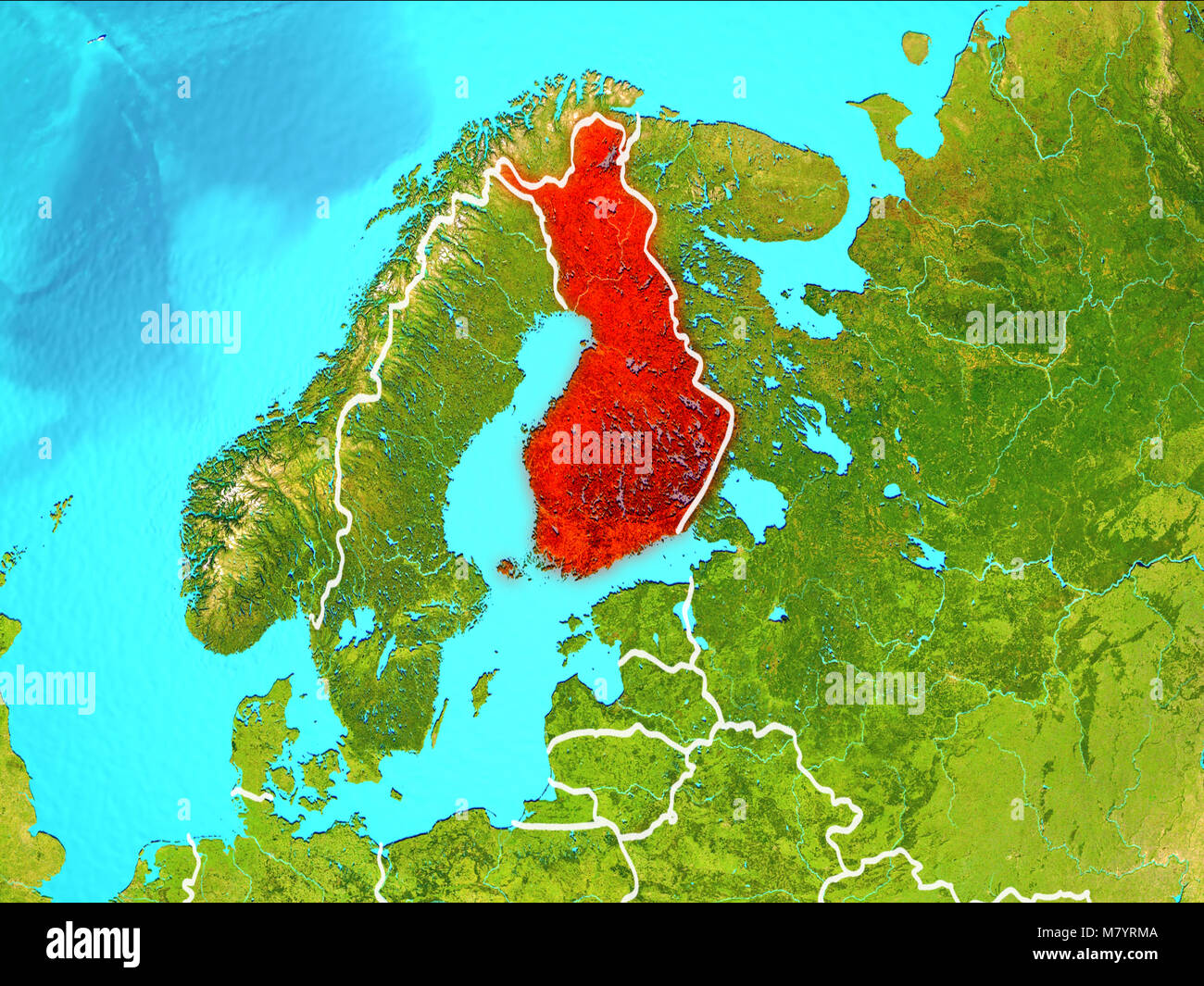Finland highlighted in red from Earth’s orbit. 3D illustration ...